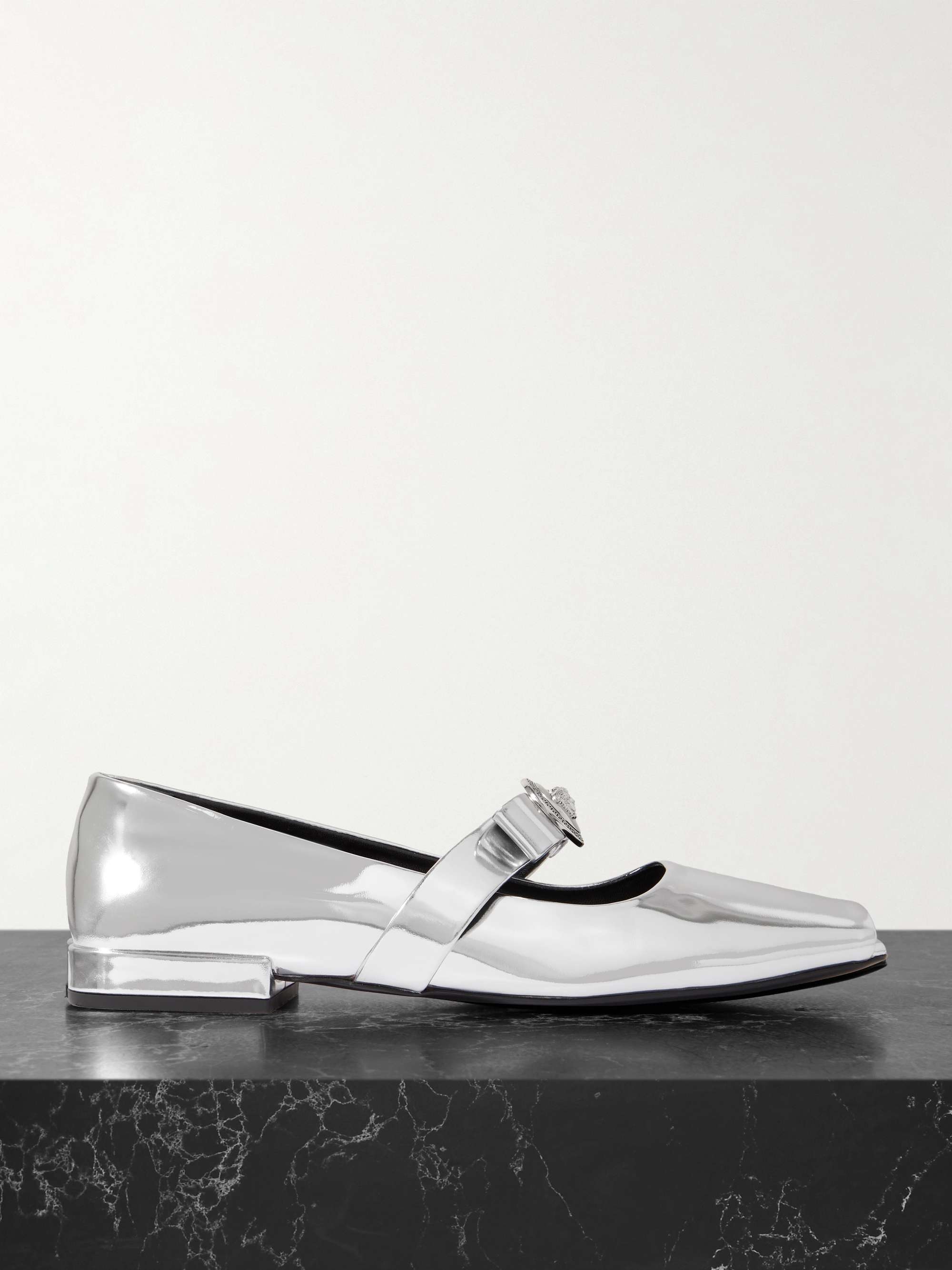 VERSACE Embellished mirrored-leather open-toe ballet flats | NET-A-PORTER