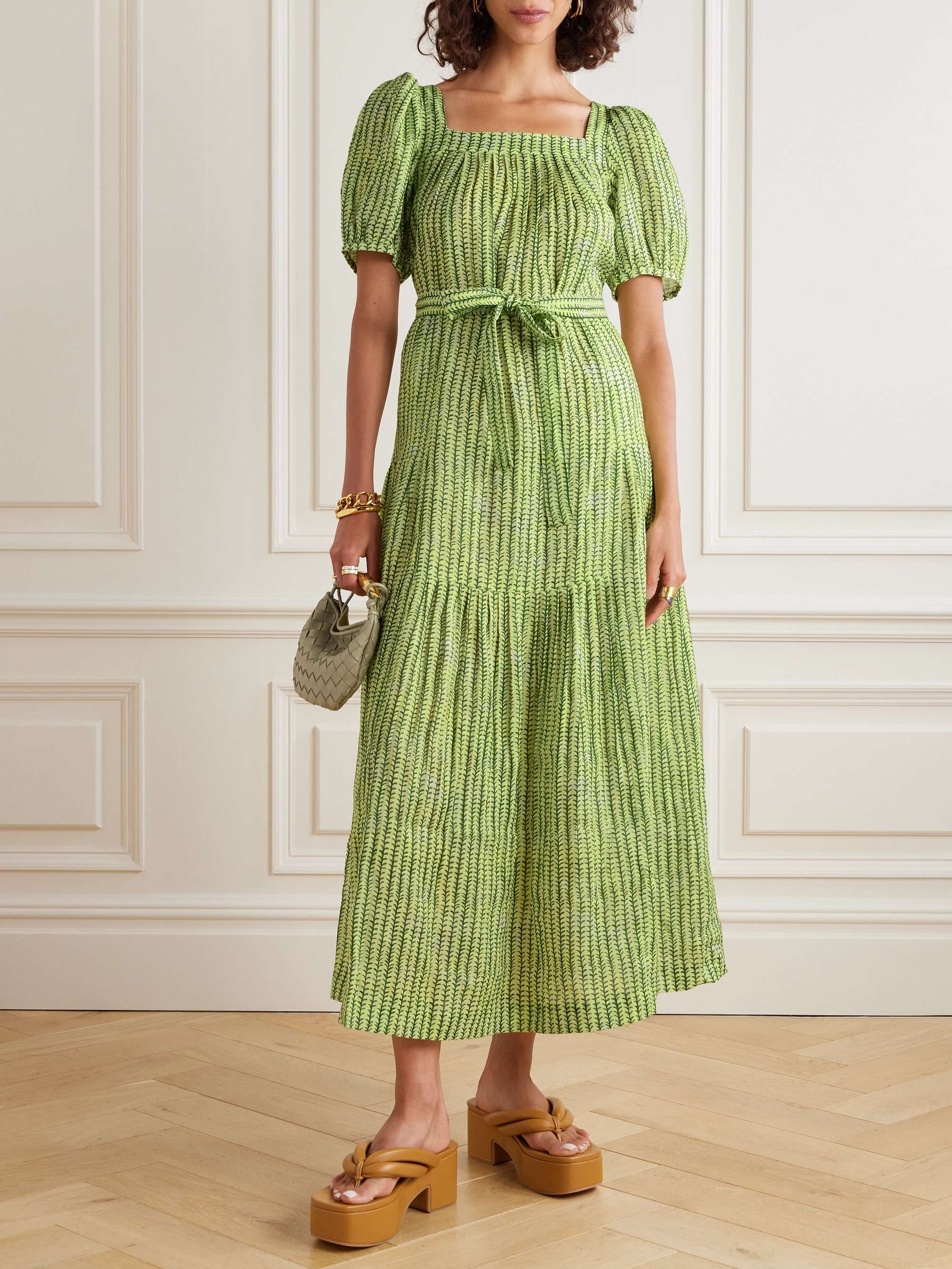 SALONI Yashi printed belted linen midi dress | NET-A-PORTER