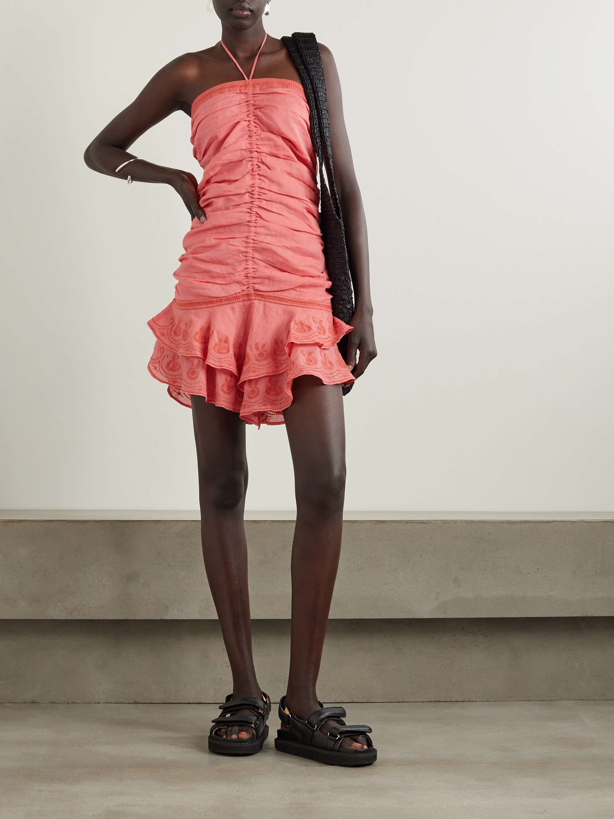 ISABEL MARANT Emanuela ruched embroidered ramie halterneck mini dress ...
