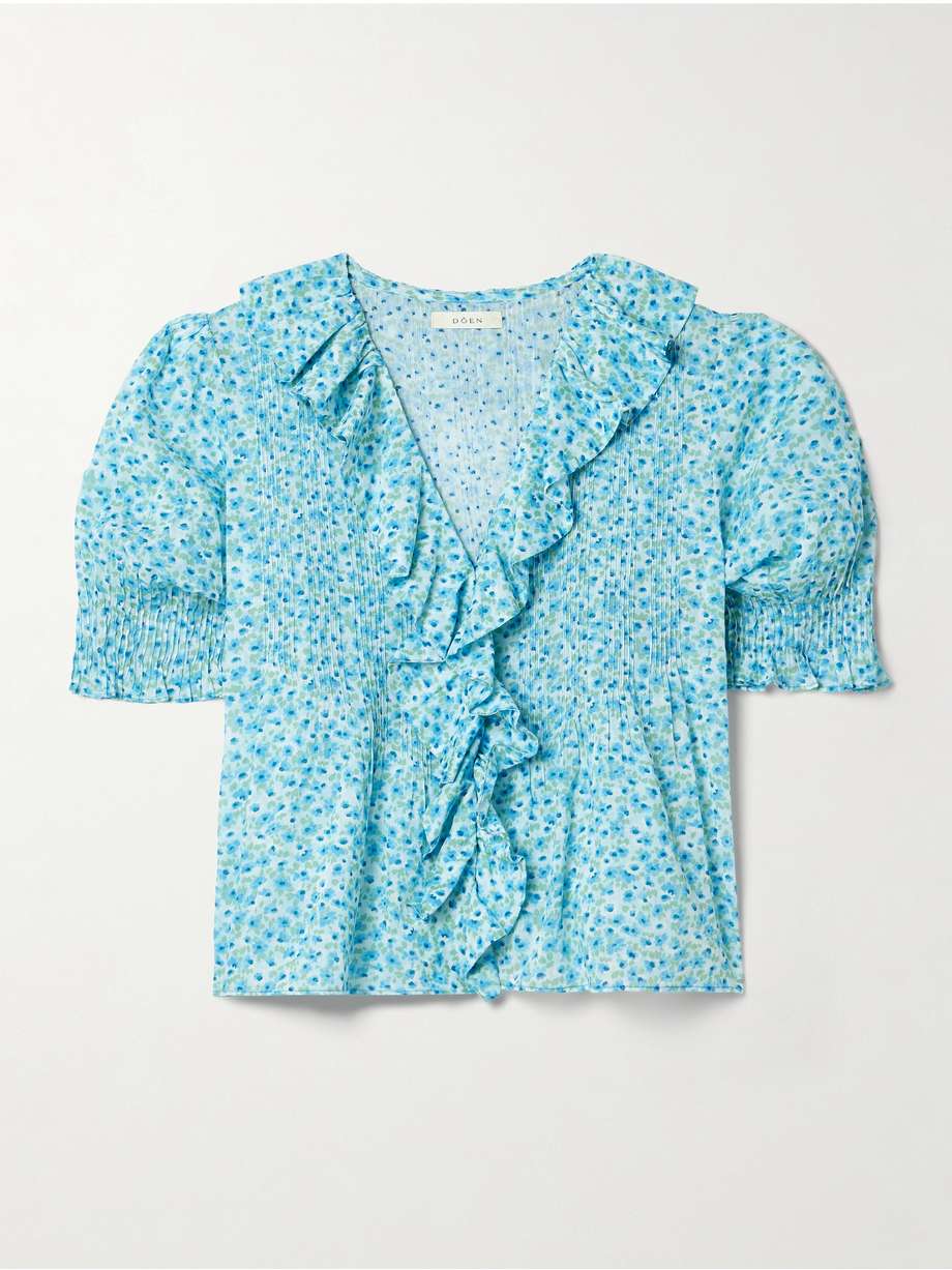 DÔEN Henri ruffled pintucked floral-print organic cotton-voile top ...