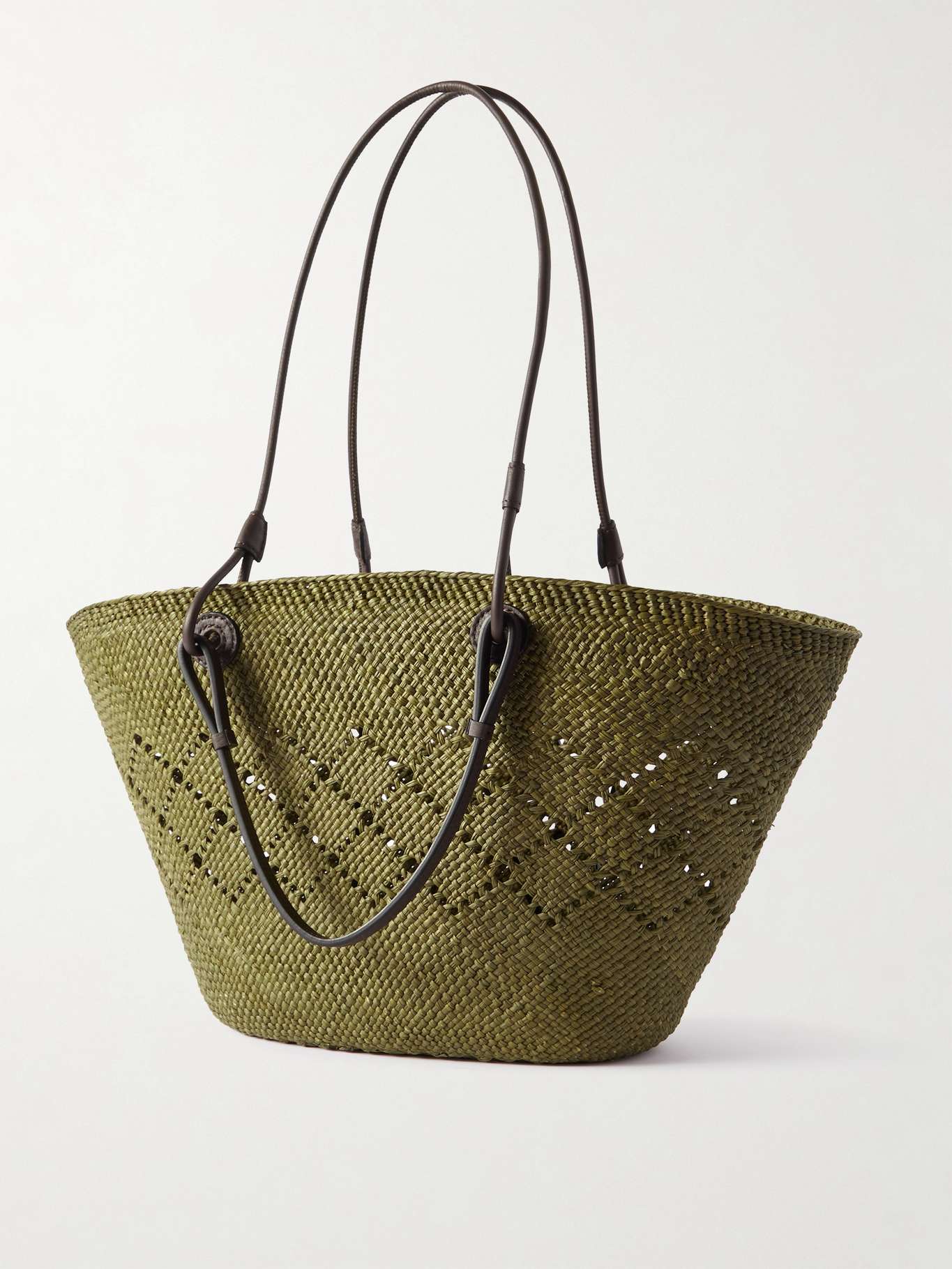LOEWE + Paula's Ibiza Anagram medium appliquéd leather-trimmed perforated raffia tote | NET-A-PORTER