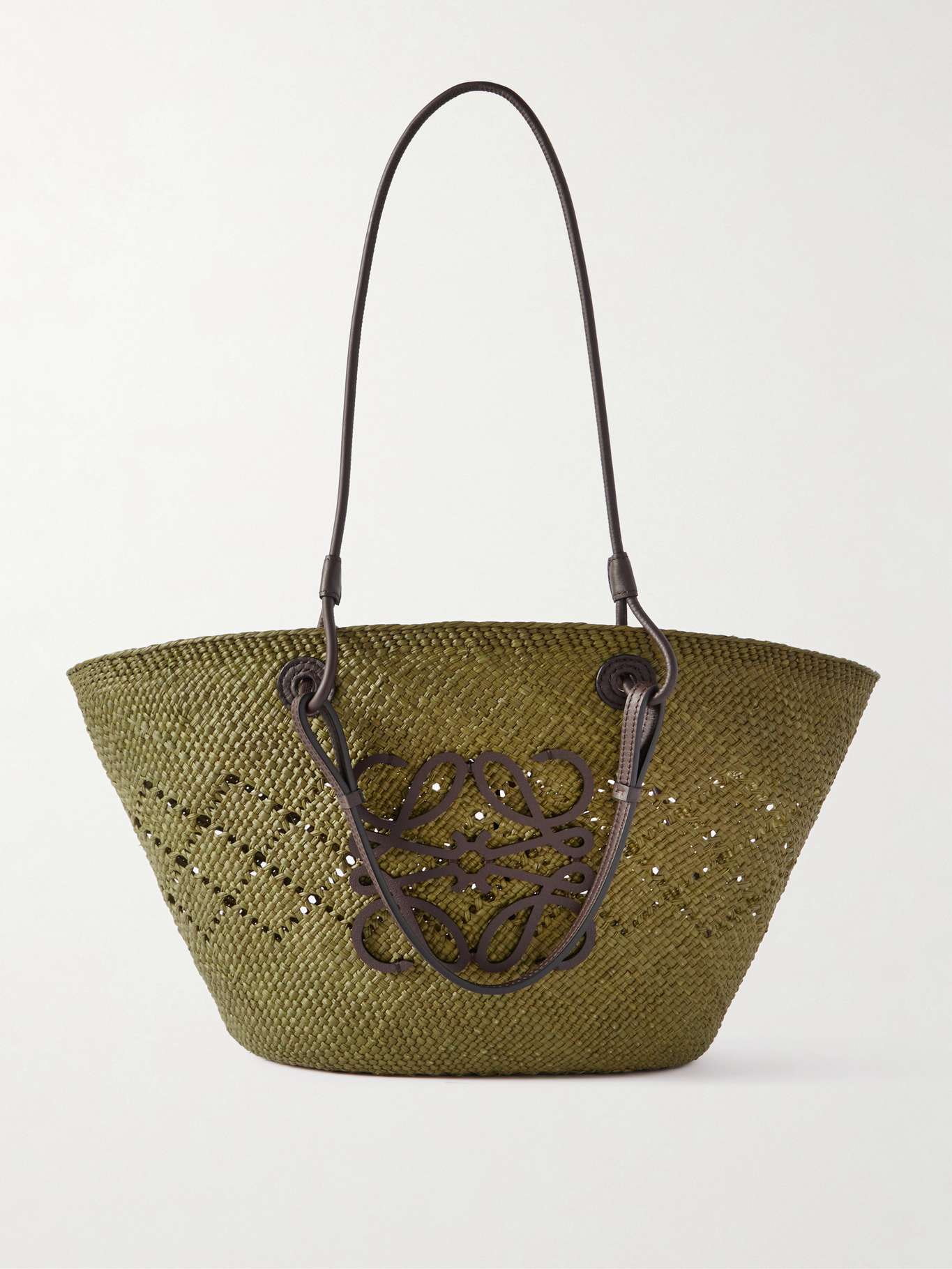 LOEWE + Paula's Ibiza Anagram medium appliquéd leather-trimmed perforated raffia tote | NET-A-PORTER