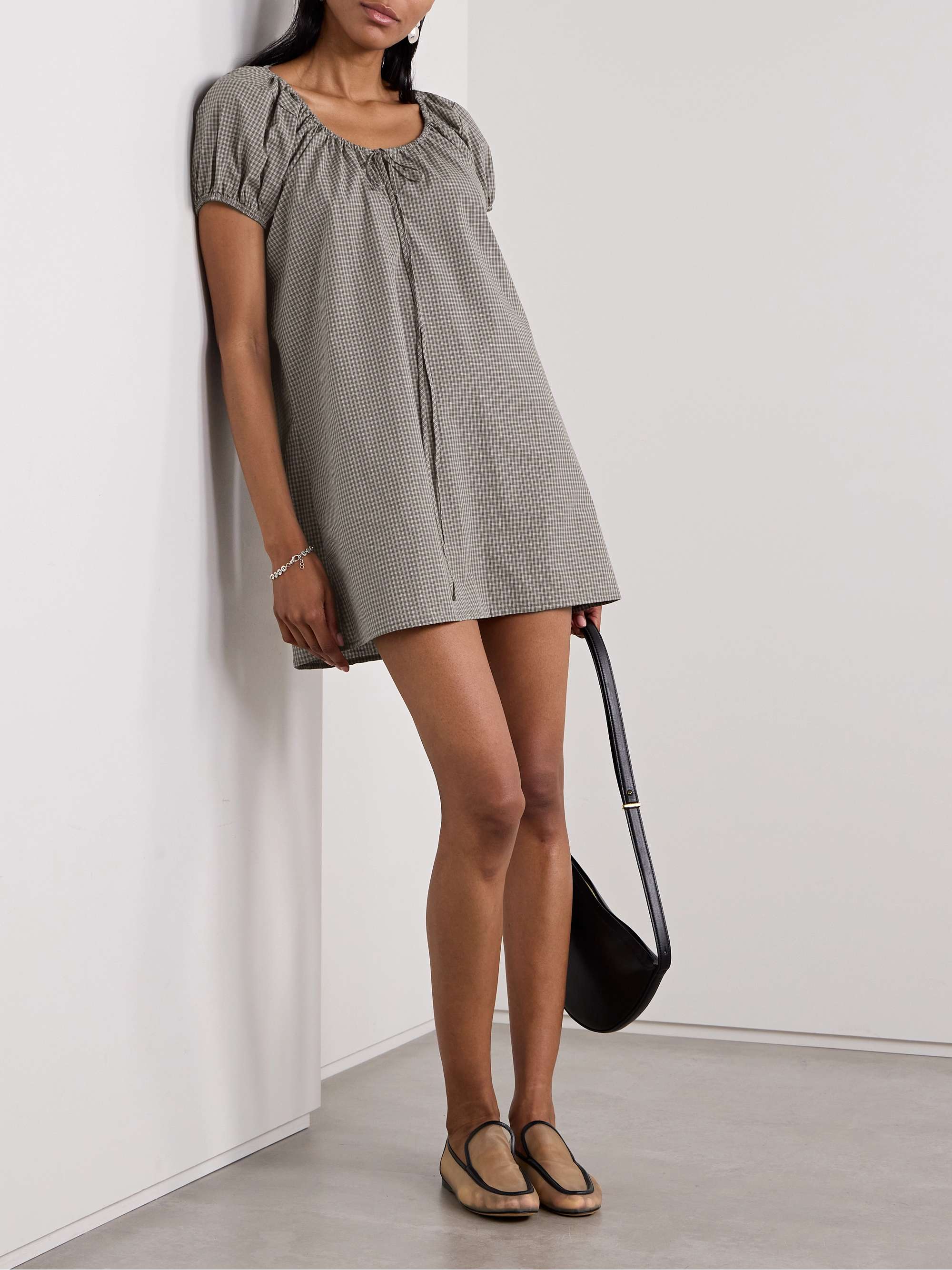 DEIJI STUDIOS Tie-detailed gathered checked organic cotton-poplin mini ...