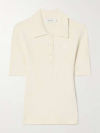 SPORTY & RICH Appliquéd ribbed-knit polo shirt | NET-A-PORTER