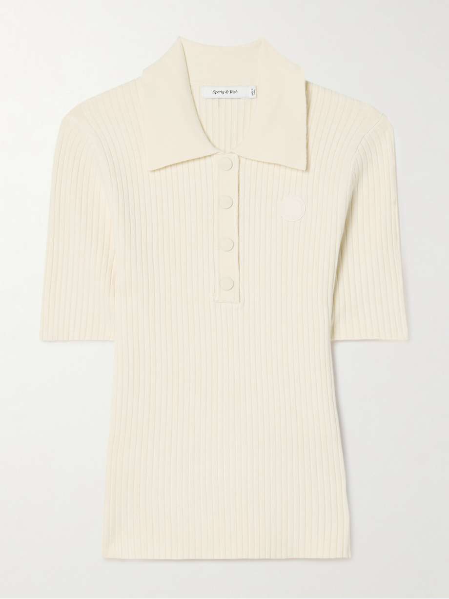 SPORTY & RICH Appliquéd ribbed-knit polo shirt | NET-A-PORTER