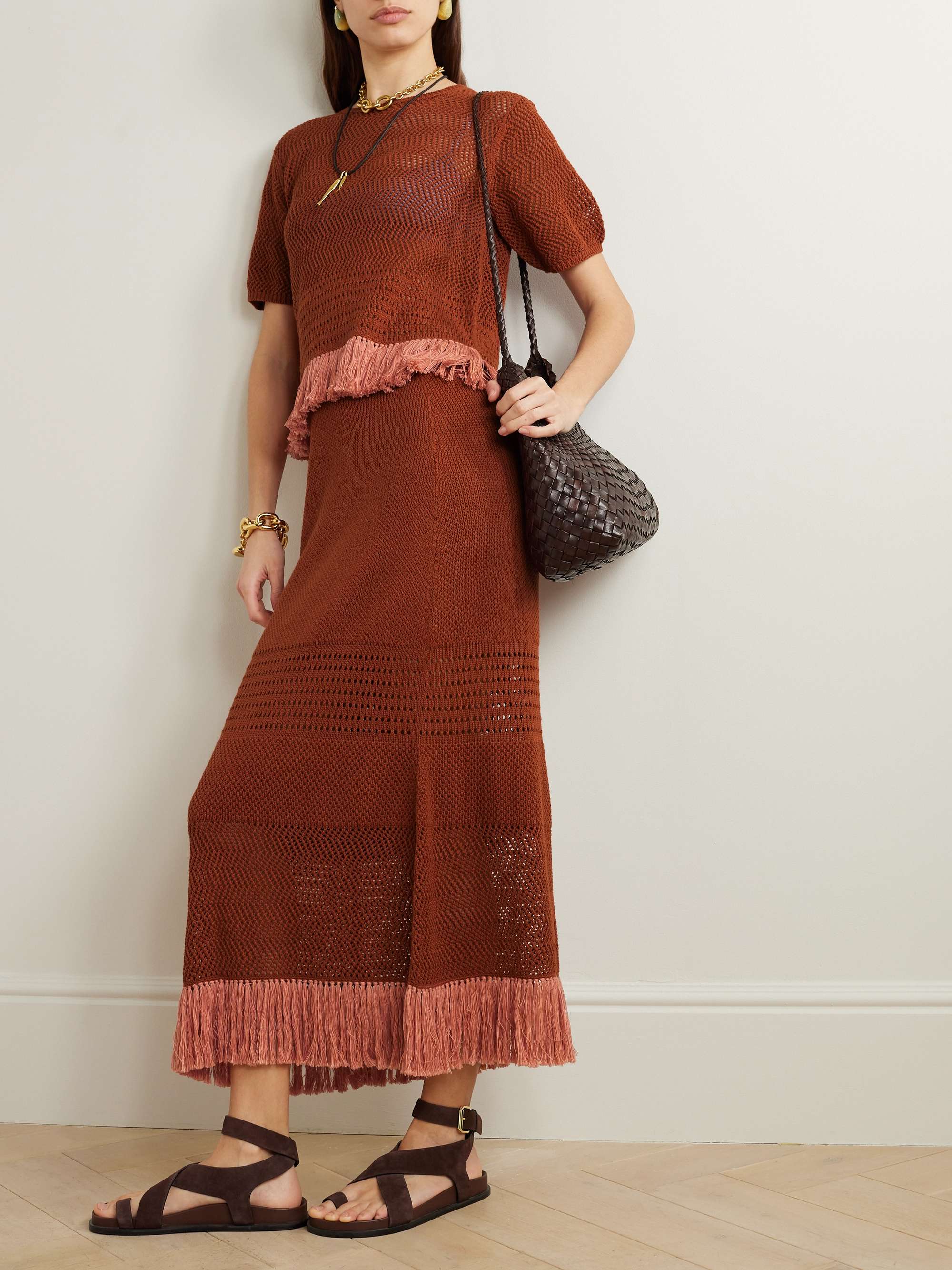 ESCVDO Carisa fringed open-knit cotton midi skirt | NET-A-PORTER