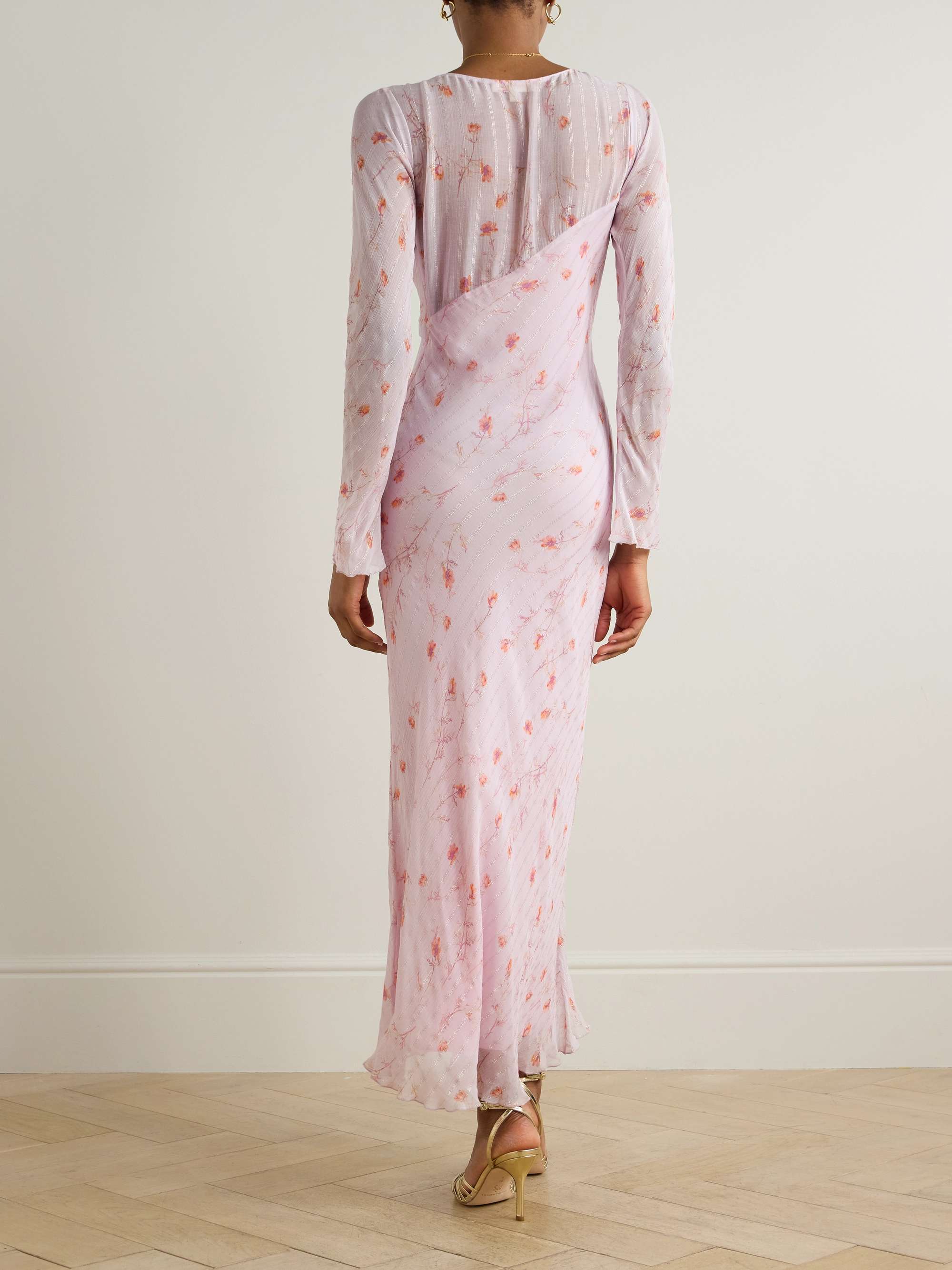 LOVESHACKFANCY Dalila ruffled metallic striped floral-print chiffon ...