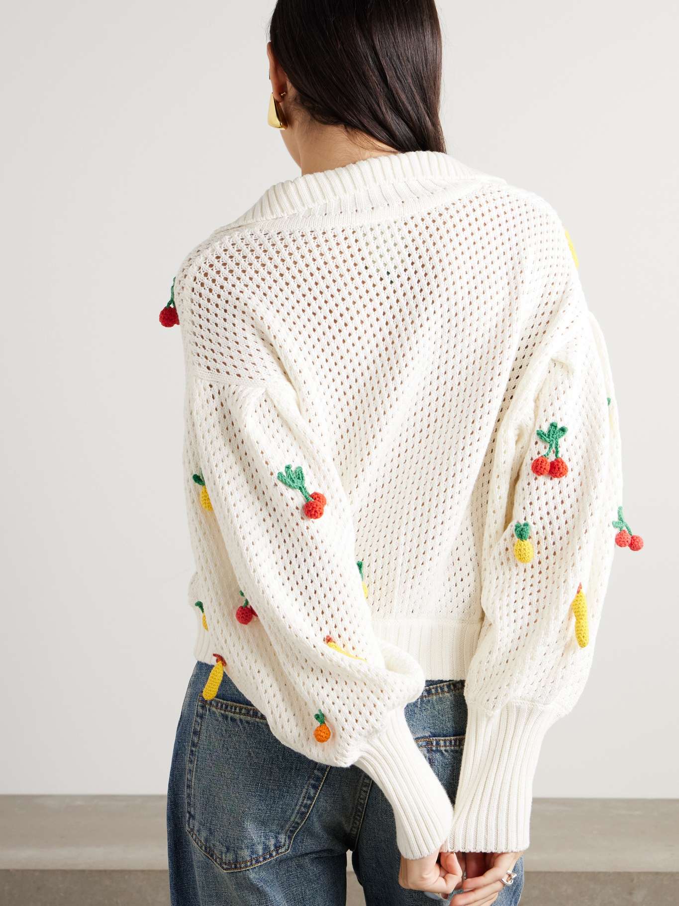 FARM RIO Appliquéd open-knit cotton sweater | NET-A-PORTER