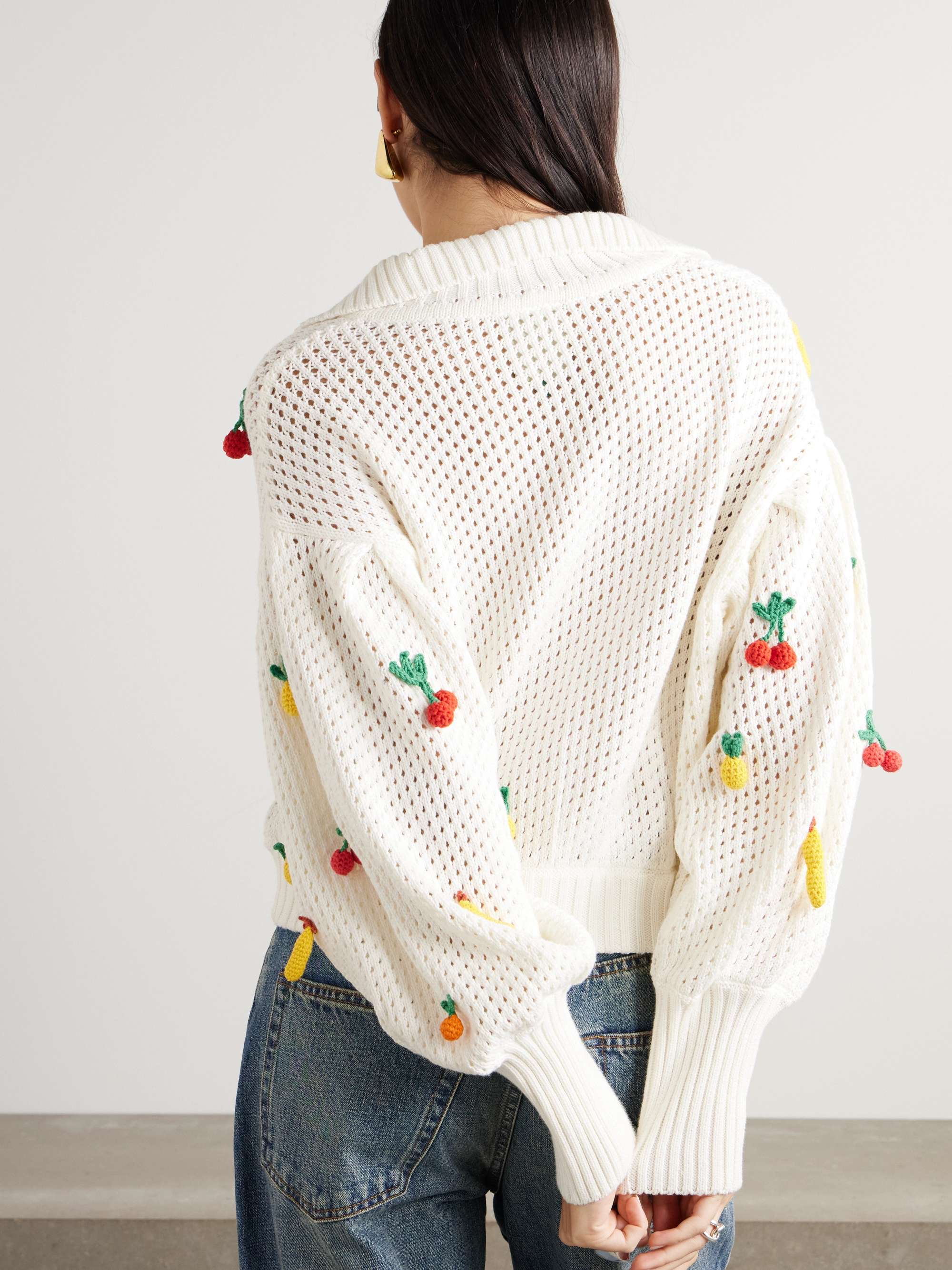 FARM RIO Appliquéd open-knit cotton sweater | NET-A-PORTER