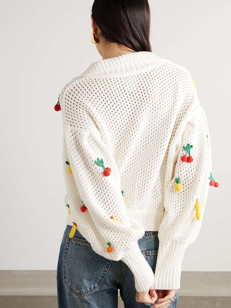 FARM RIO Appliquéd open-knit cotton sweater | NET-A-PORTER