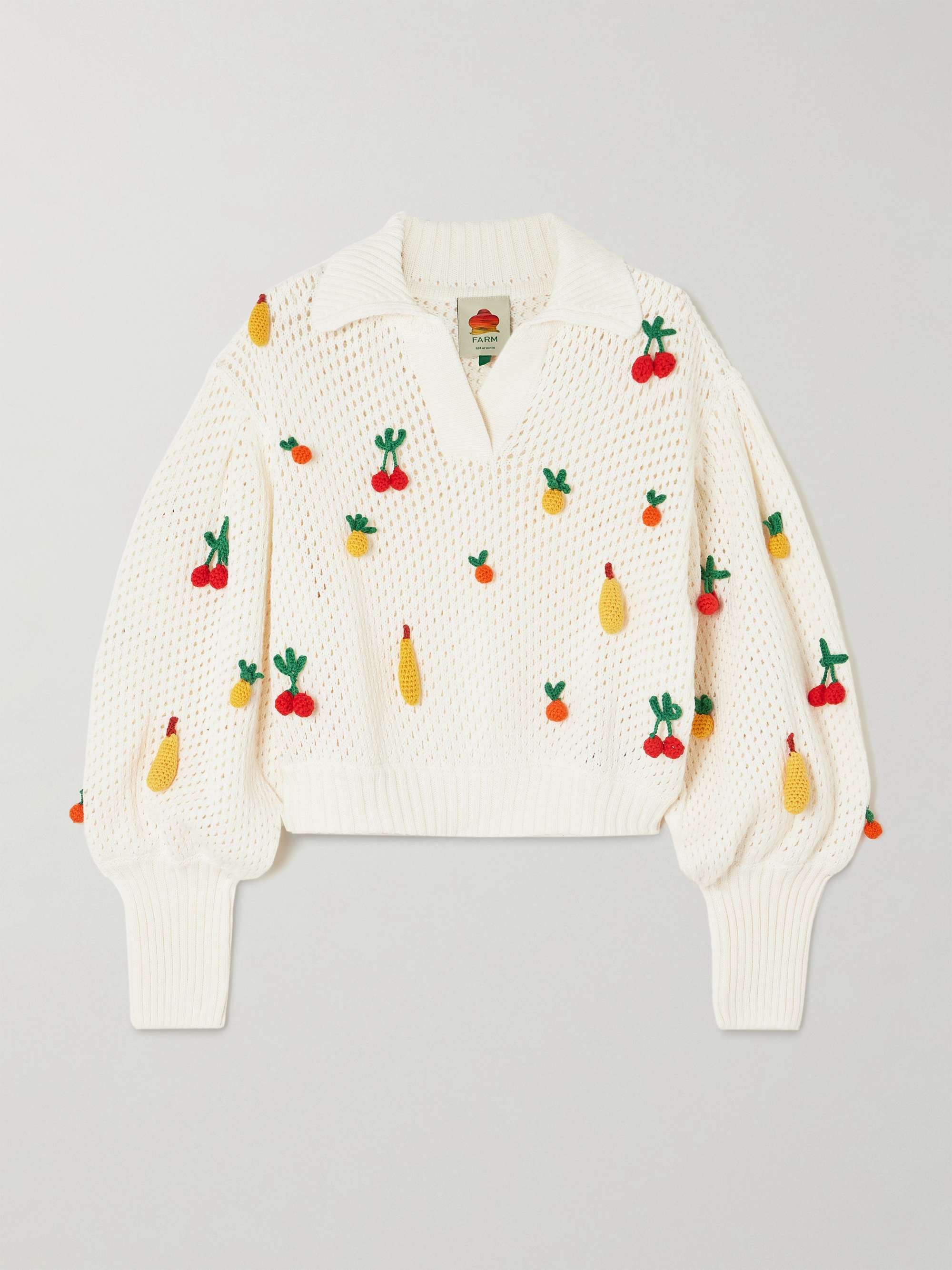 FARM RIO Appliquéd open-knit cotton sweater | NET-A-PORTER