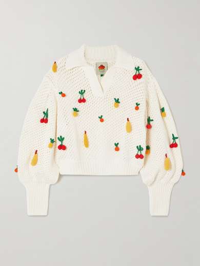 FARM RIO Appliquéd open-knit cotton sweater | NET-A-PORTER