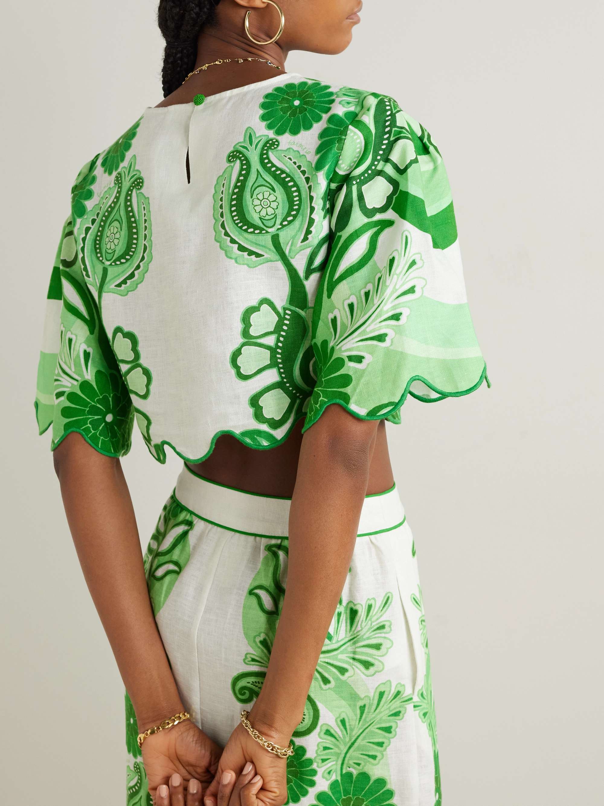 FARM RIO Cropped scalloped floral-print linen blouse | NET-A-PORTER