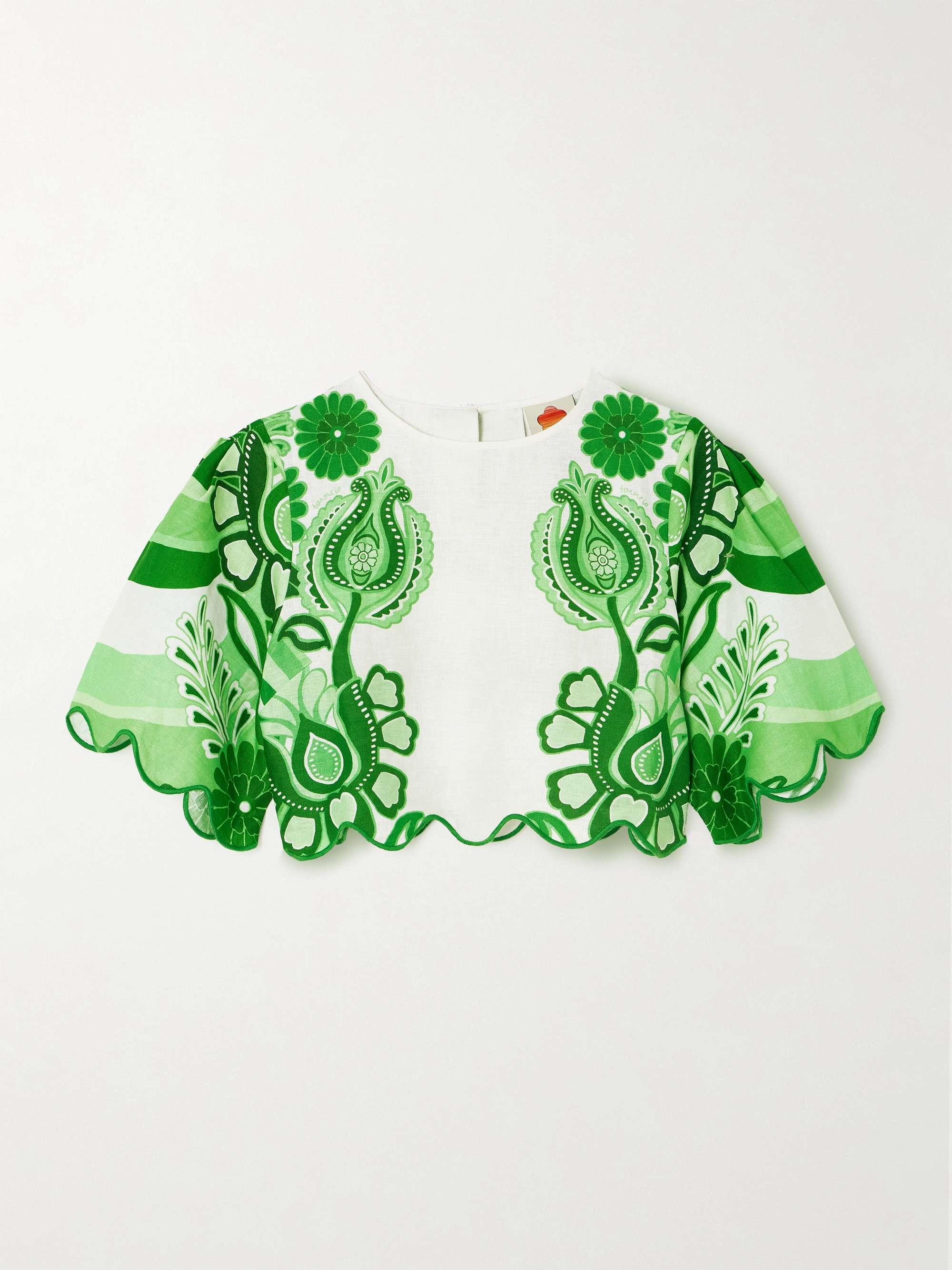 FARM RIO Cropped scalloped floral-print linen blouse | NET-A-PORTER