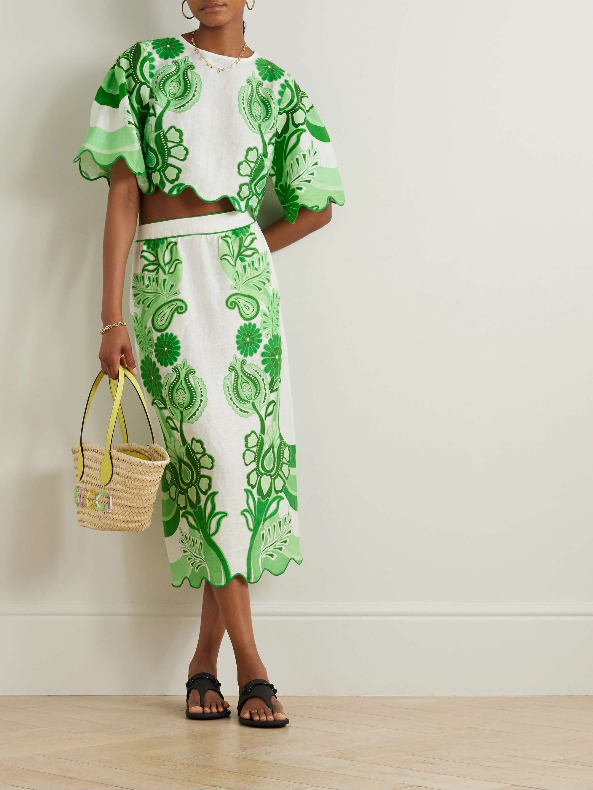 FARM RIO Cropped scalloped floral-print linen blouse | NET-A-PORTER