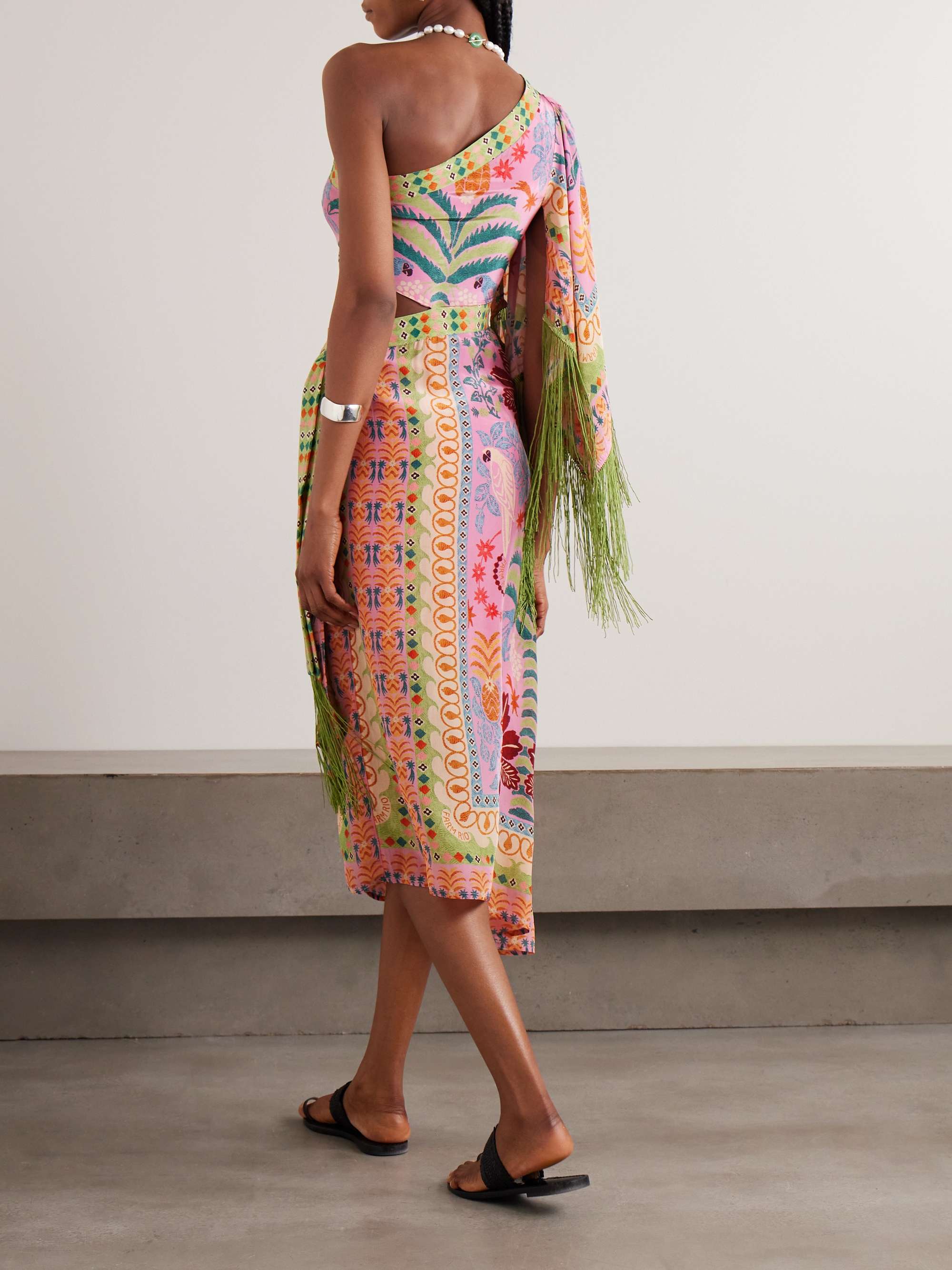FARM RIO Fruits Queen one-shoulder cutout fringed printed crepe de ...