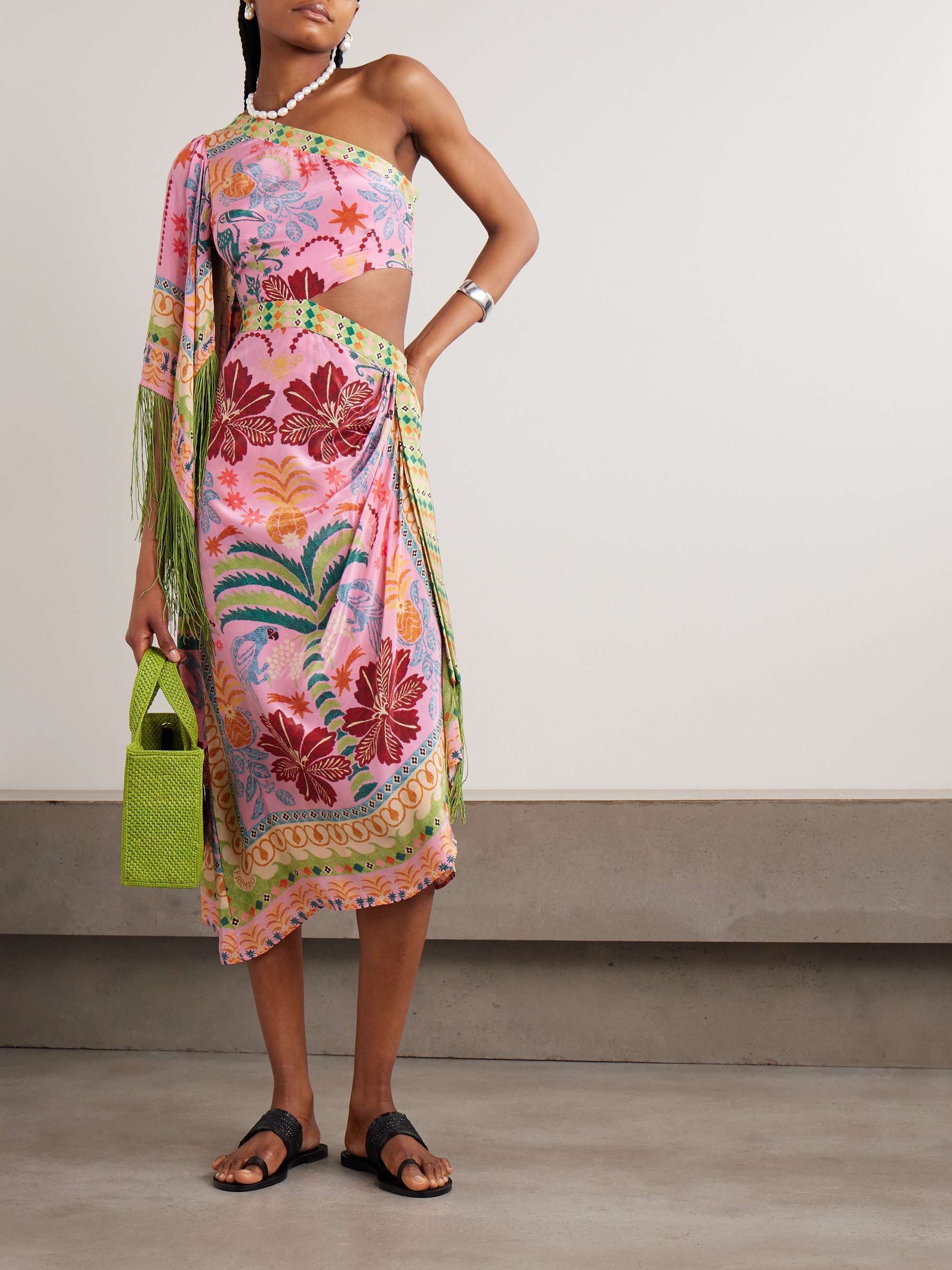 FARM RIO Fruits Queen one-shoulder cutout fringed printed crepe de ...