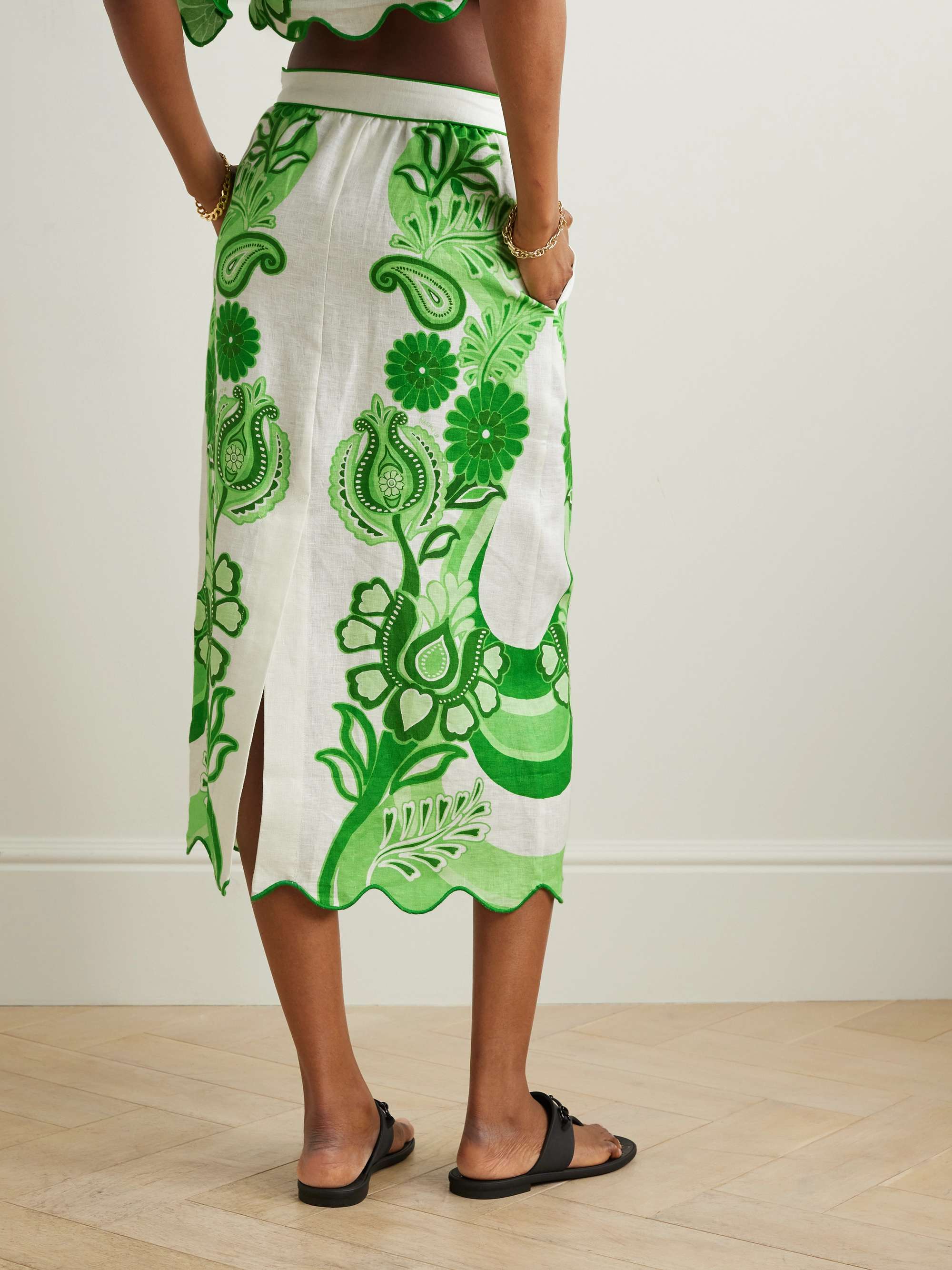 FARM RIO Scalloped printed linen midi skirt | NET-A-PORTER