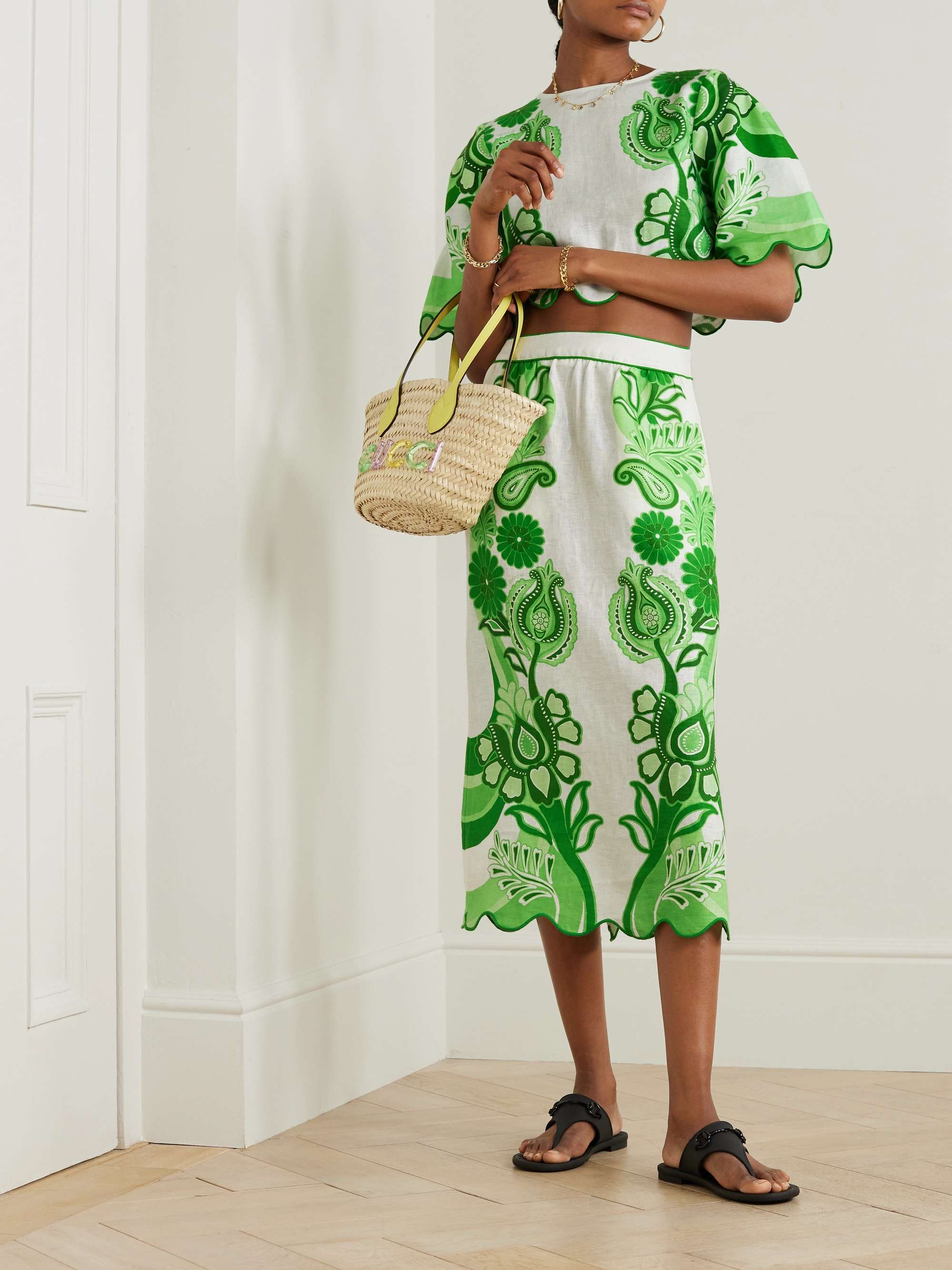 FARM RIO Scalloped printed linen midi skirt | NET-A-PORTER