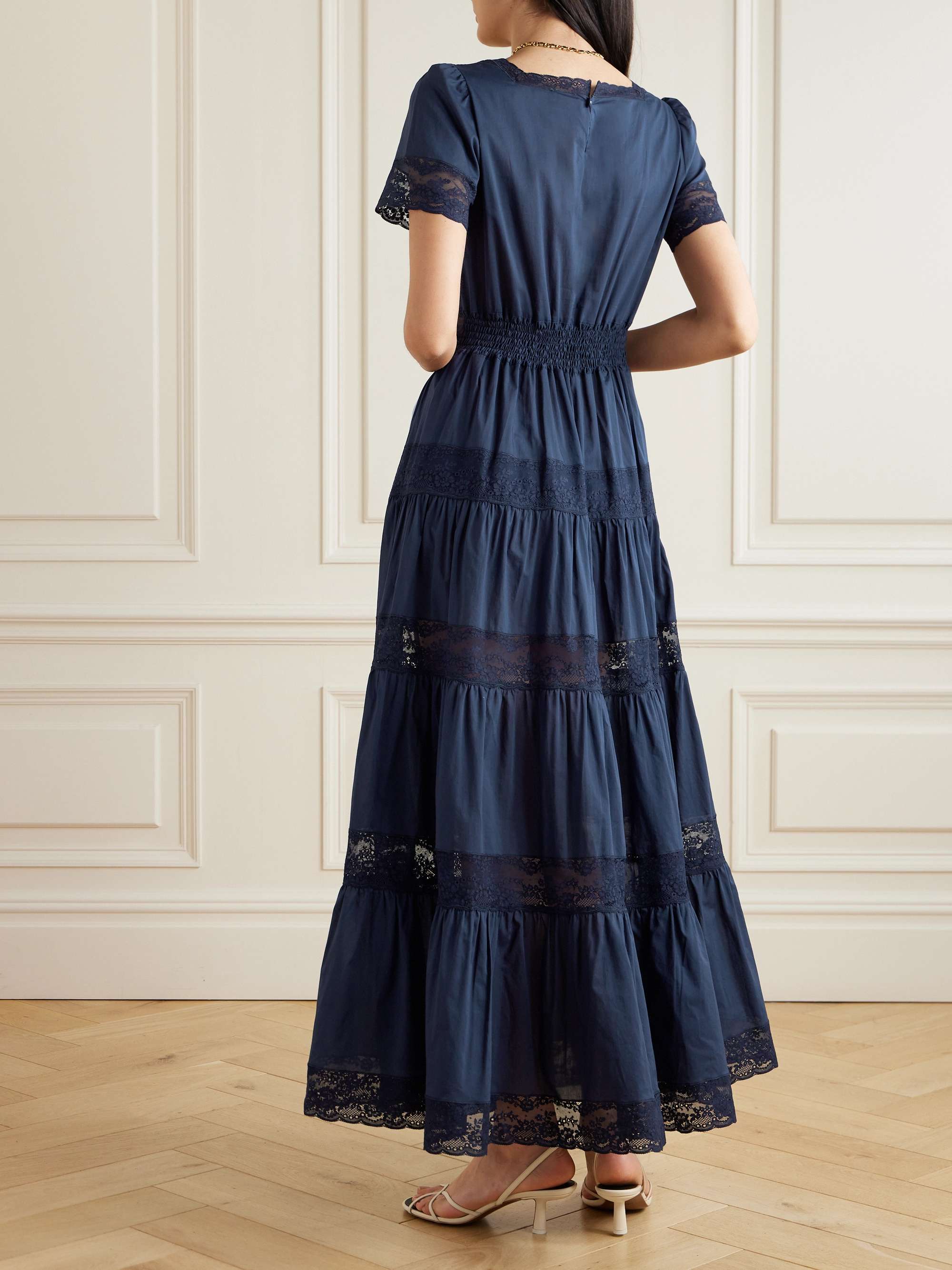 LORETTA CAPONI Tiered lace-trimmed cotton-poplin midi dress | NET-A-PORTER