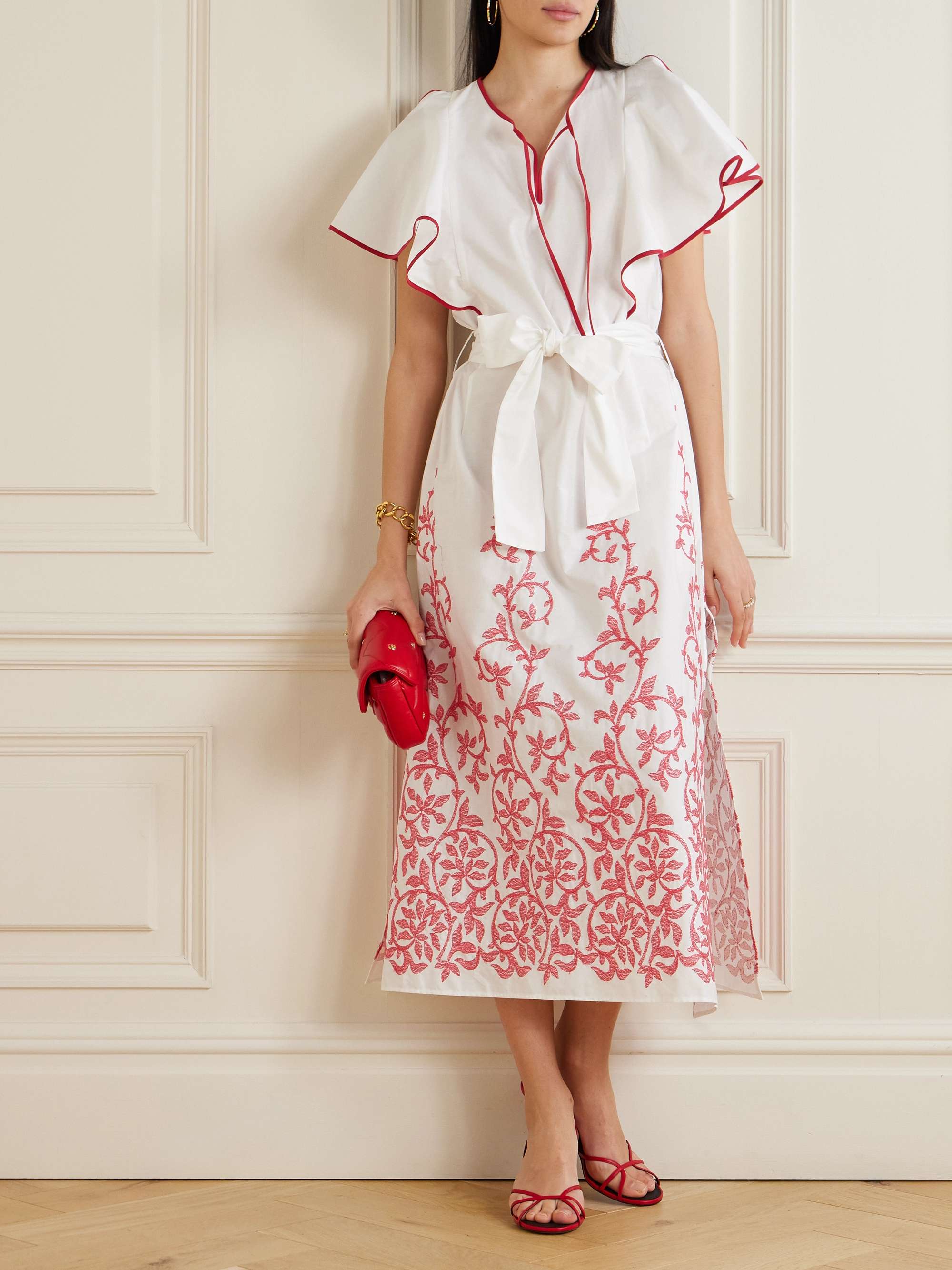 LORETTA CAPONI Daisy belted embroidered cotton-poplin midi dress | NET ...