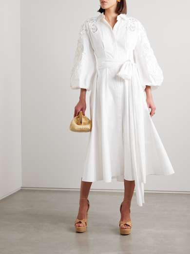 CAROLINA HERRERA Belted guipure lace-trimmed cotton-twill midi dress ...