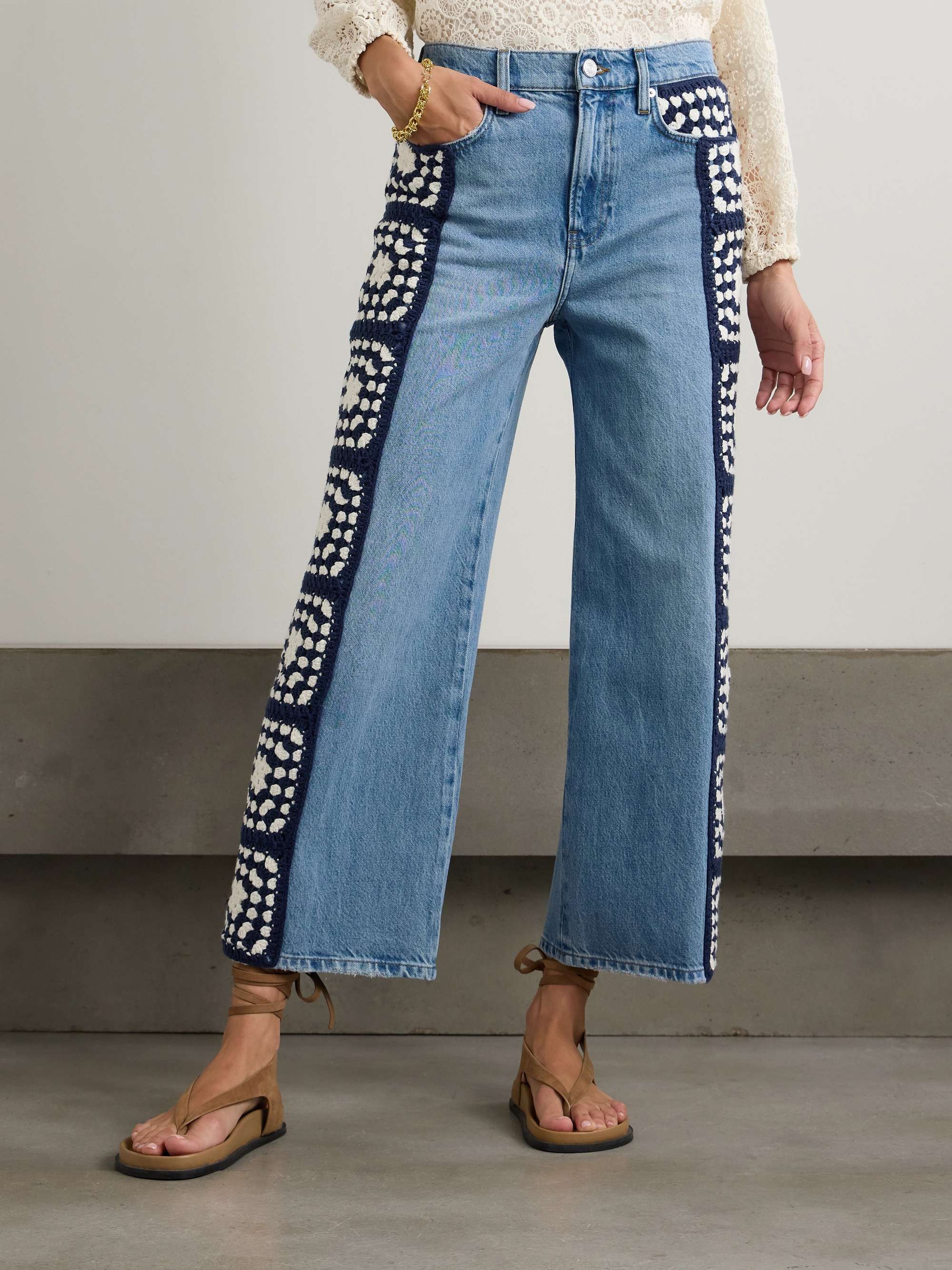 FRAME Le Jane cropped crochet-trimmed high-rise straight-leg jeans ...