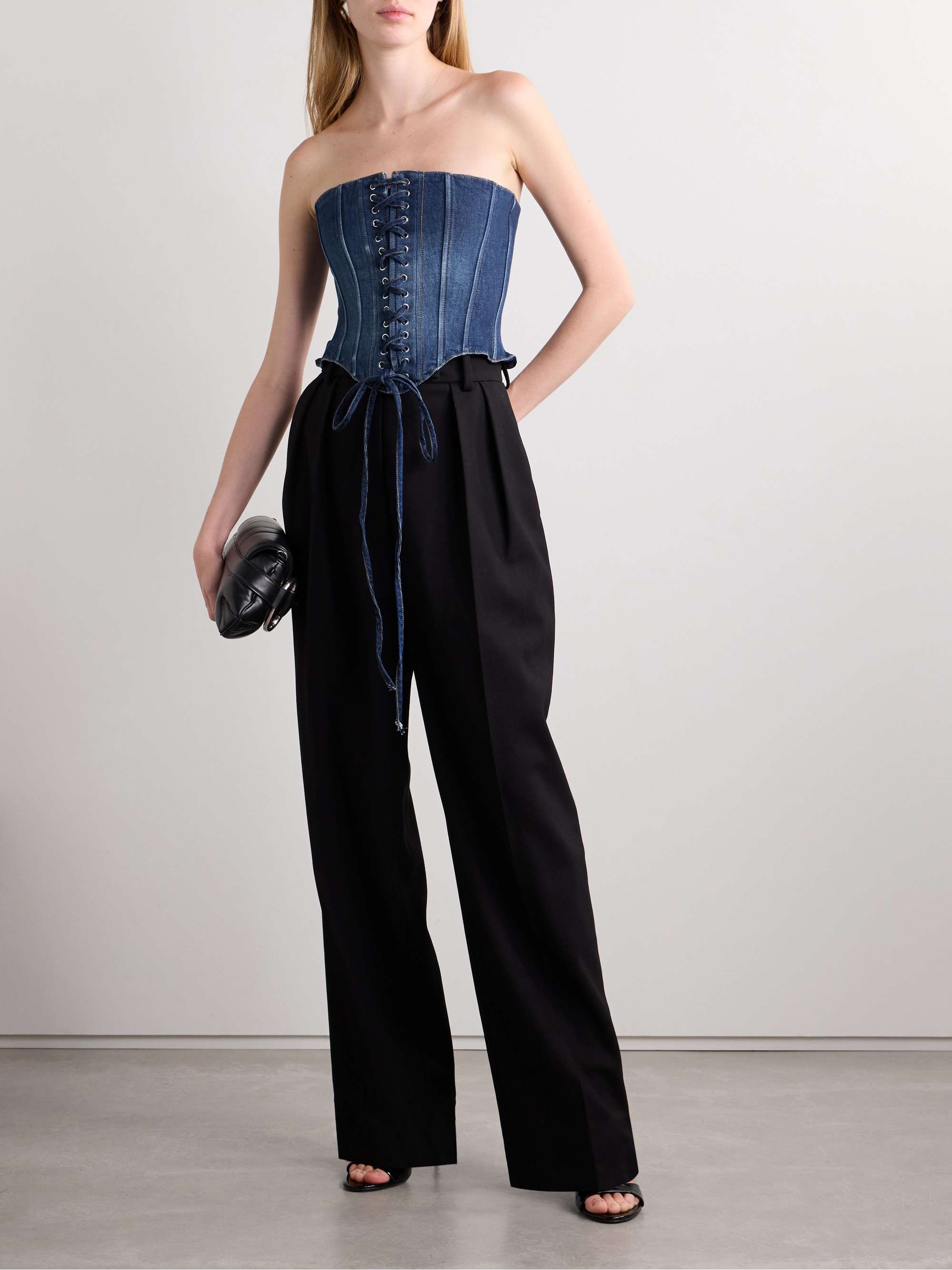 MÔNOT Strapless cropped lace-up denim bustier top | NET-A-PORTER
