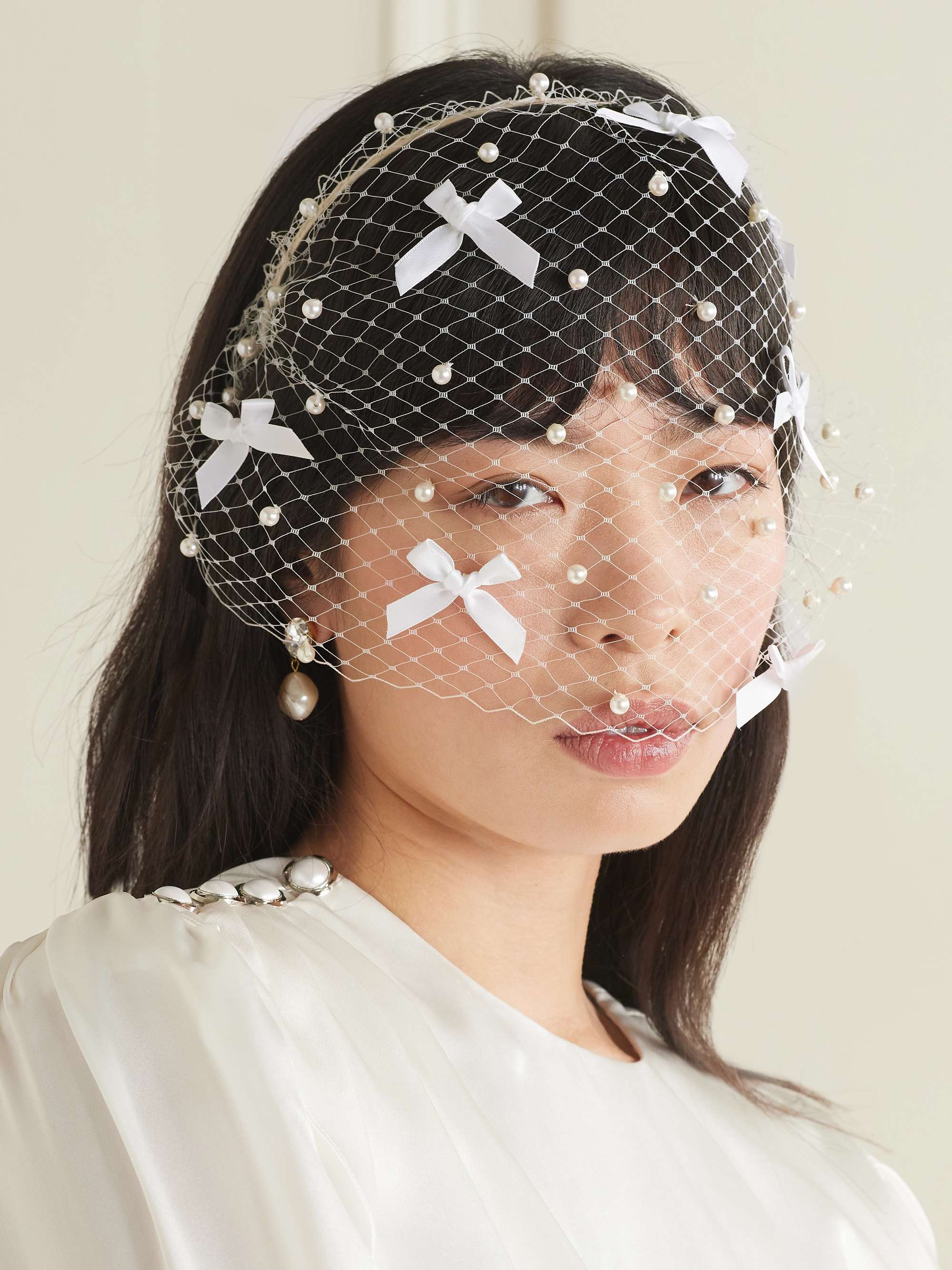 JENNIFER BEHR Teresa embellished satin and fishnet veil | NET-A-PORTER