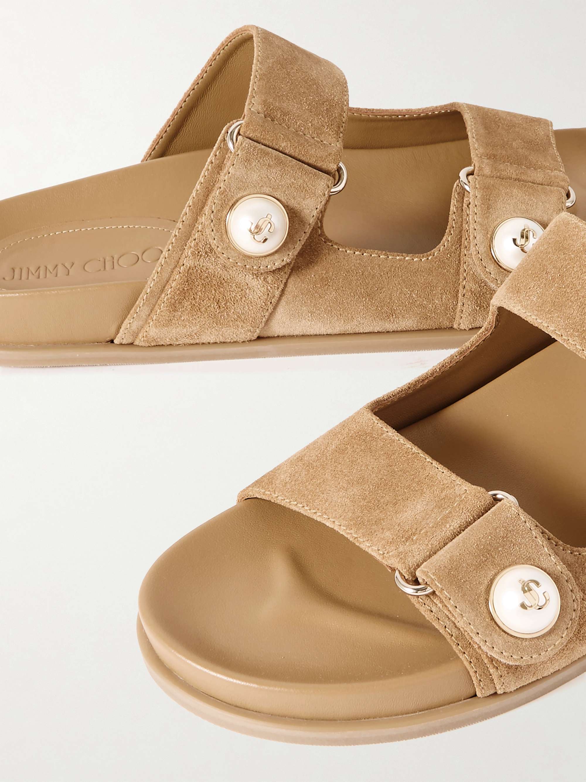 JIMMY CHOO Fayence faux pearl-embellished suede slides | NET-A-PORTER