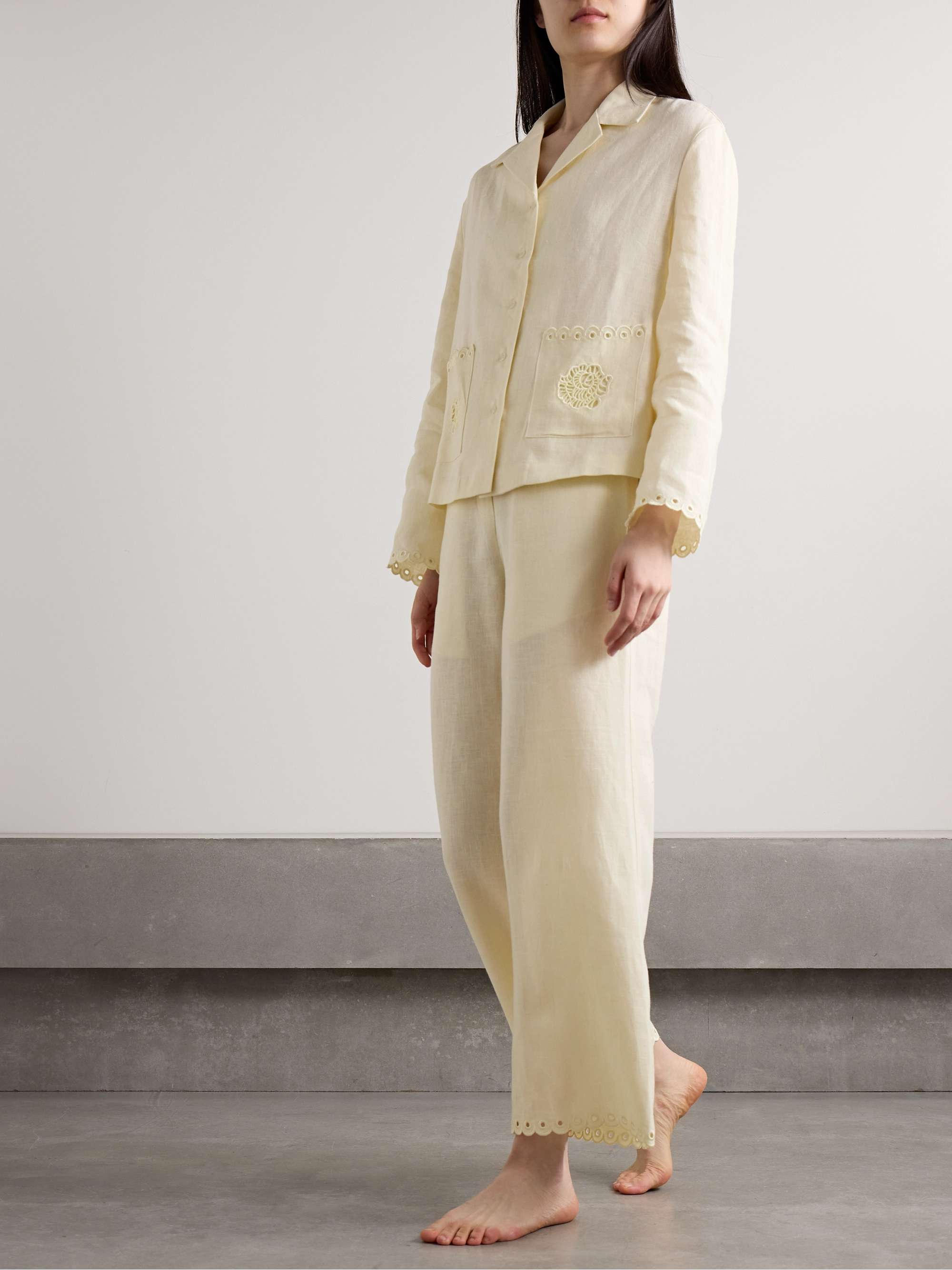 SLEEPER Sofia broderie anglaise-trimmed linen pajama shirt | NET-A-PORTER