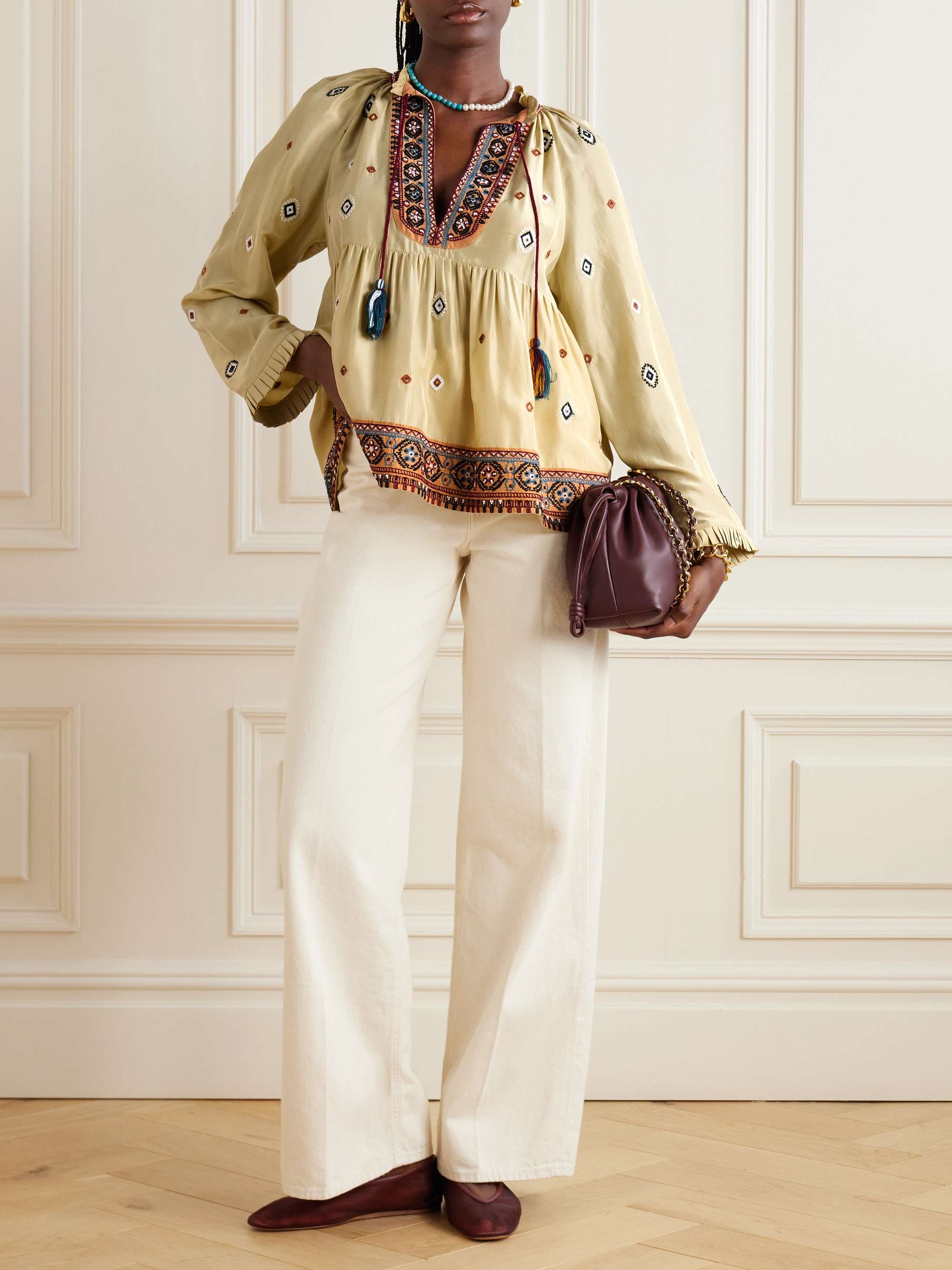 FORTELA Tasseled bead-embellished embroidered silk-shantung blouse ...