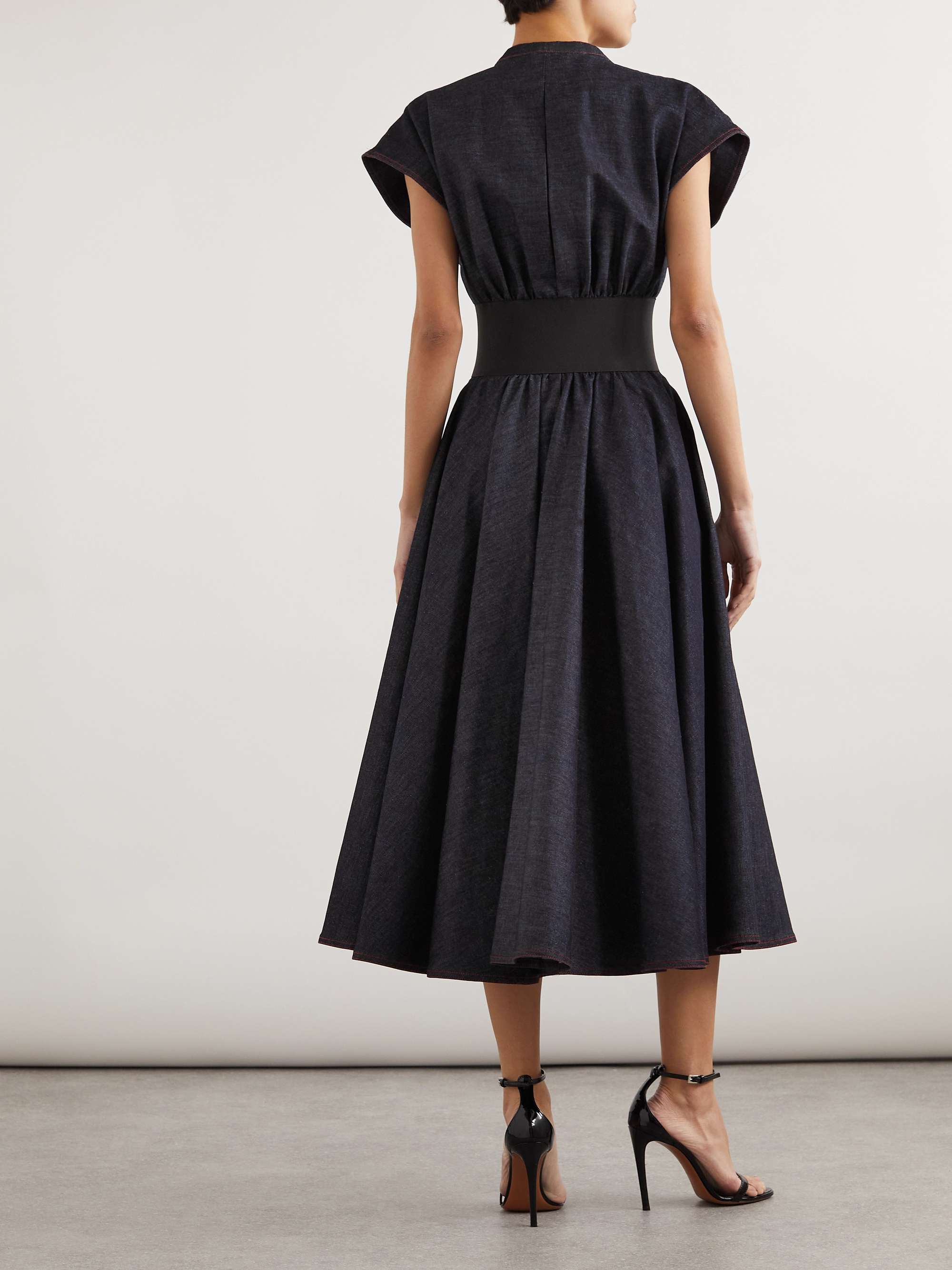 ALAÏA Belted denim midi wrap dress | NET-A-PORTER