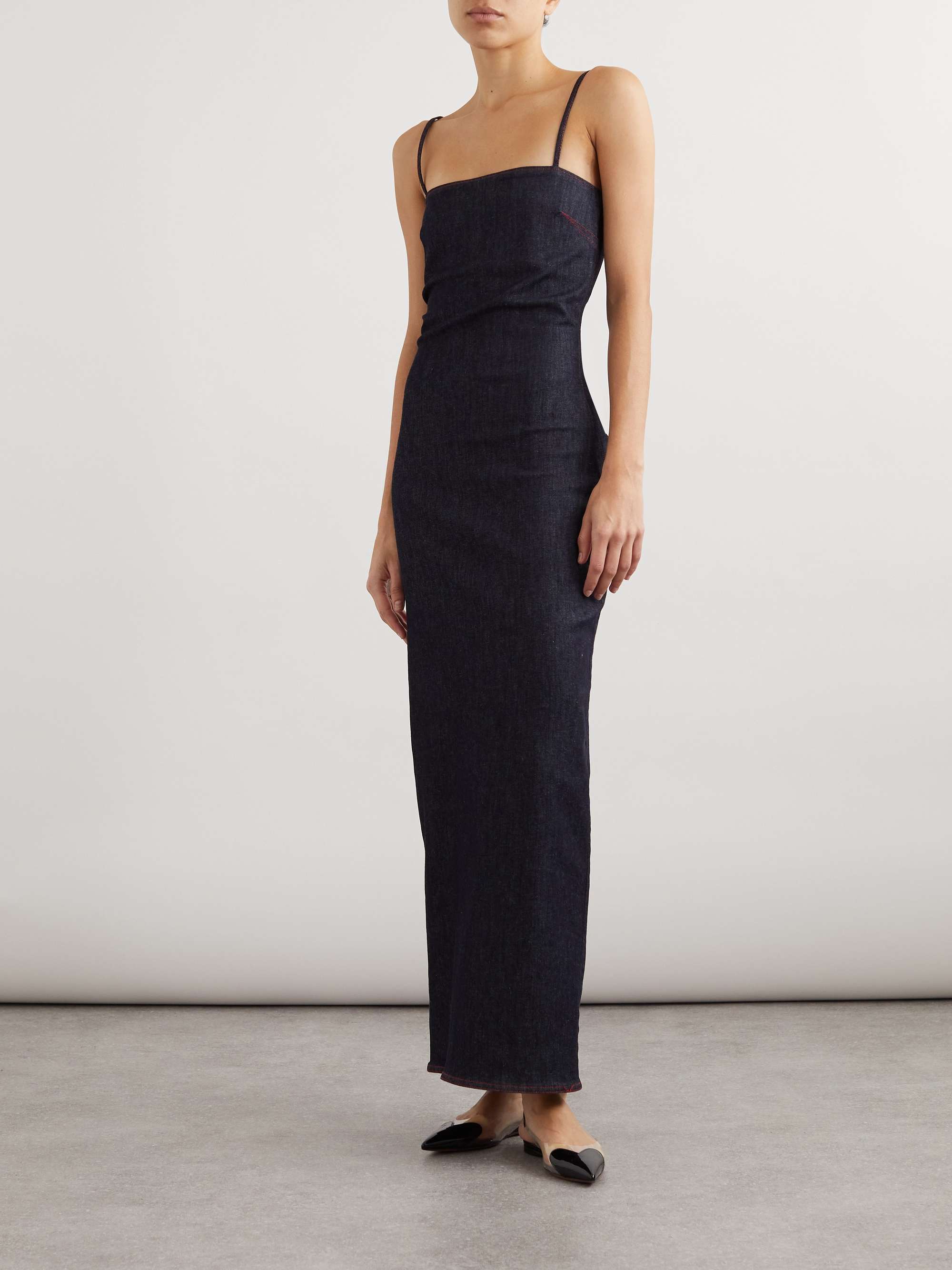 ALAÏA Gathered denim maxi dress | NET-A-PORTER