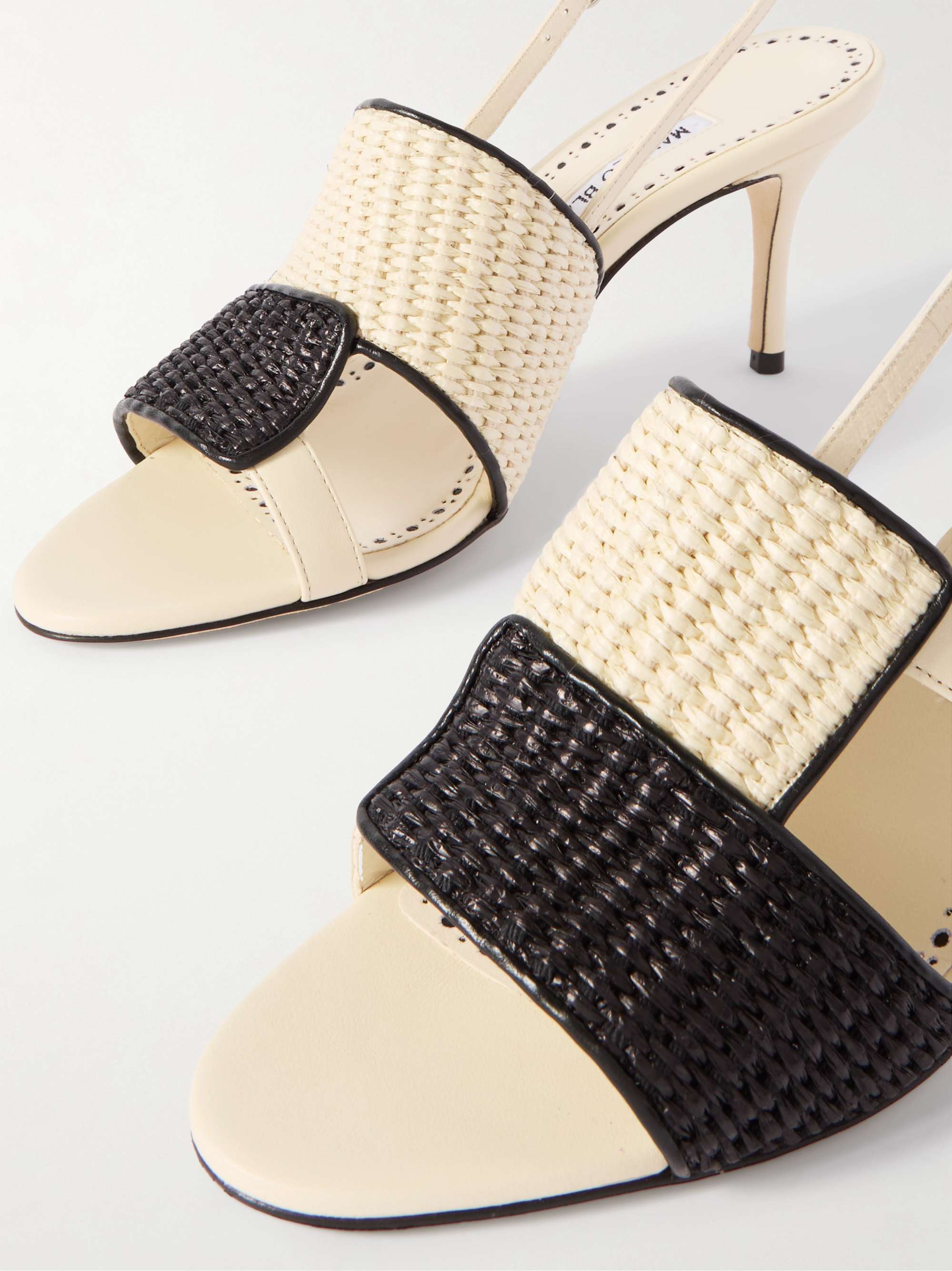 MANOLO BLAHNIK Fabiola 70 leather-trimmed raffia slingback sandals | NET-A-PORTER