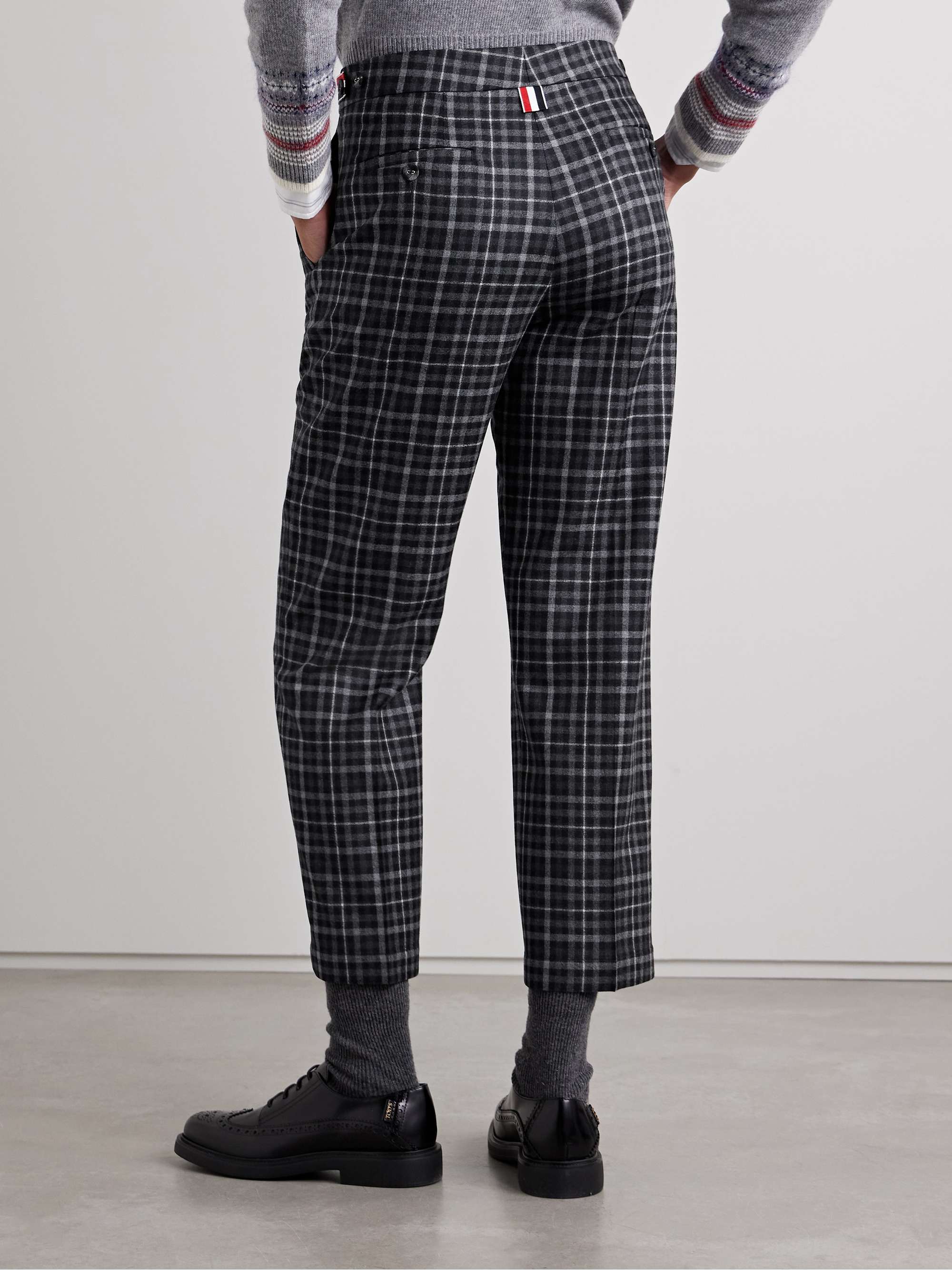 THOM BROWNE Grosgrain-trimmed tartan wool-flannel straight-leg pants ...