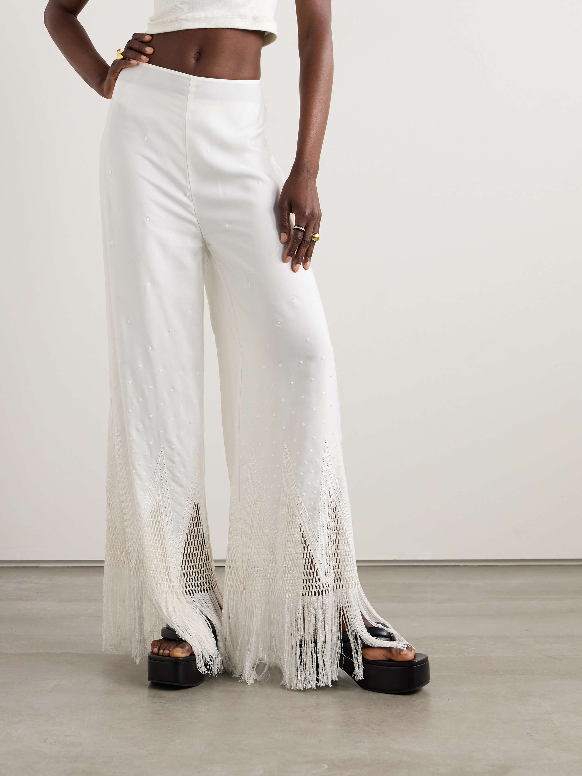 STELLA MCCARTNEY Fringed macramé-trimmed embroidered satin wide-leg ...