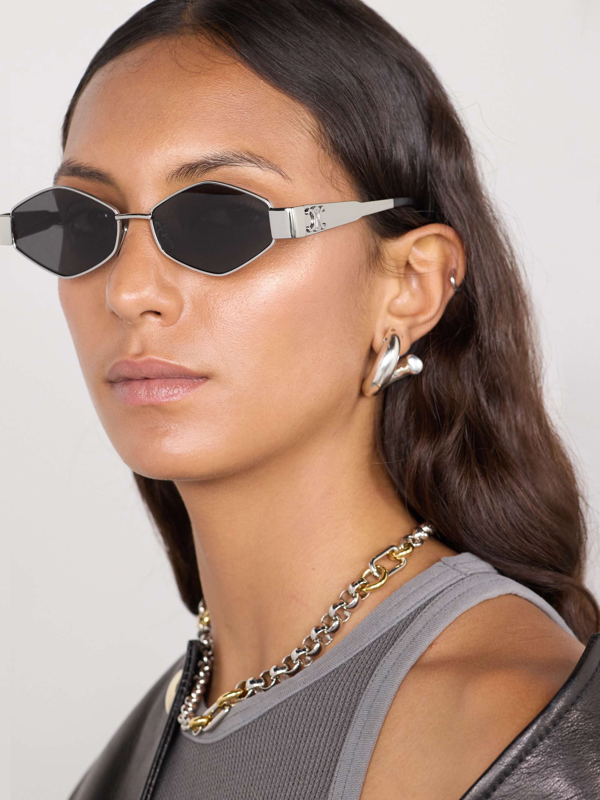 Celine Eyewear Triomphe Hexagon Frame Silver Tone Sunglasses Net A Porter