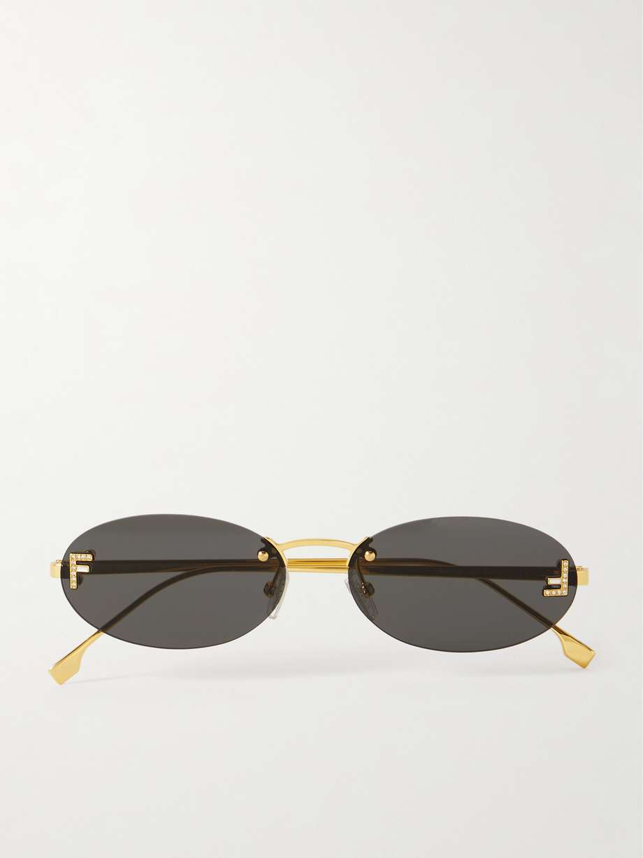 FENDI EYEWEAR Rimless oval-frame crystal-embellished gold-tone ...