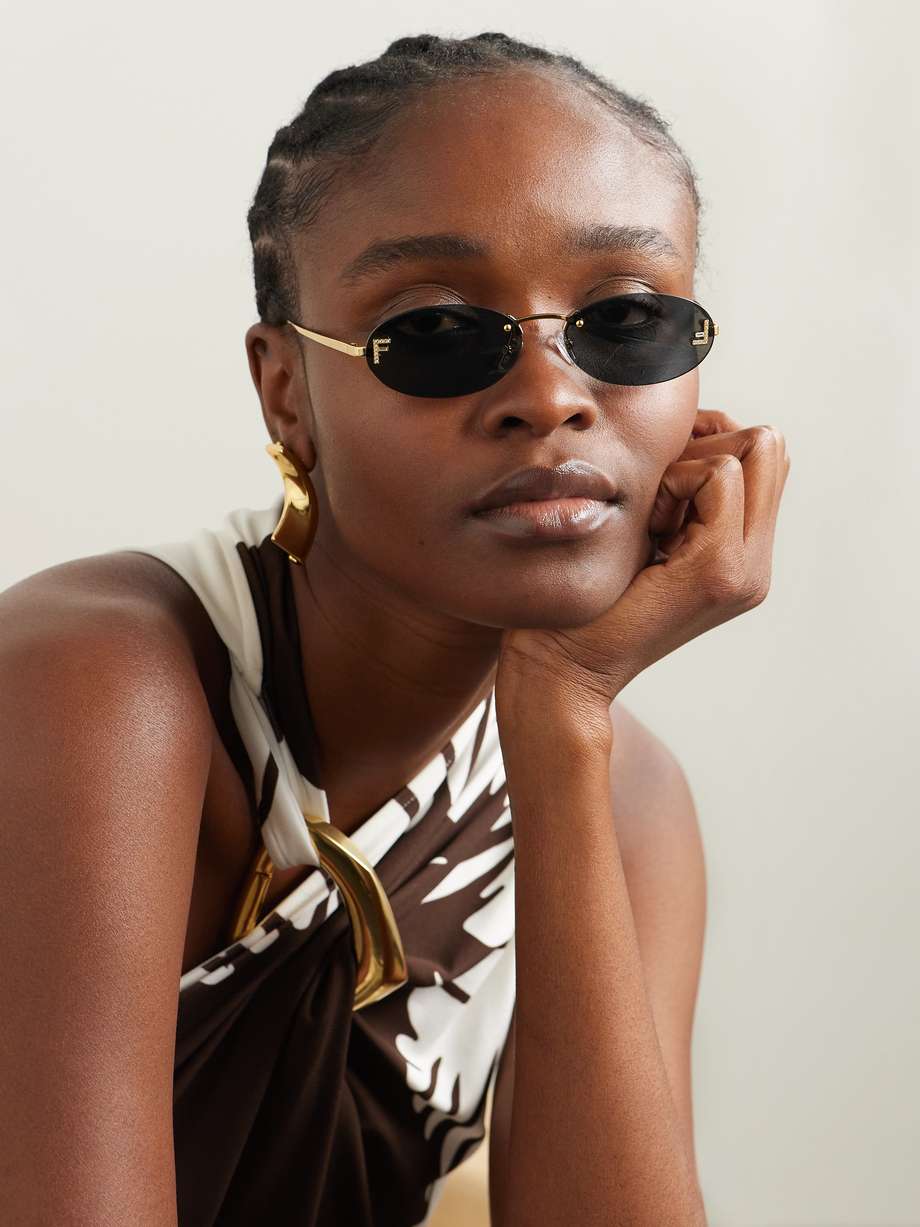 FENDI EYEWEAR Rimless oval-frame crystal-embellished gold-tone ...