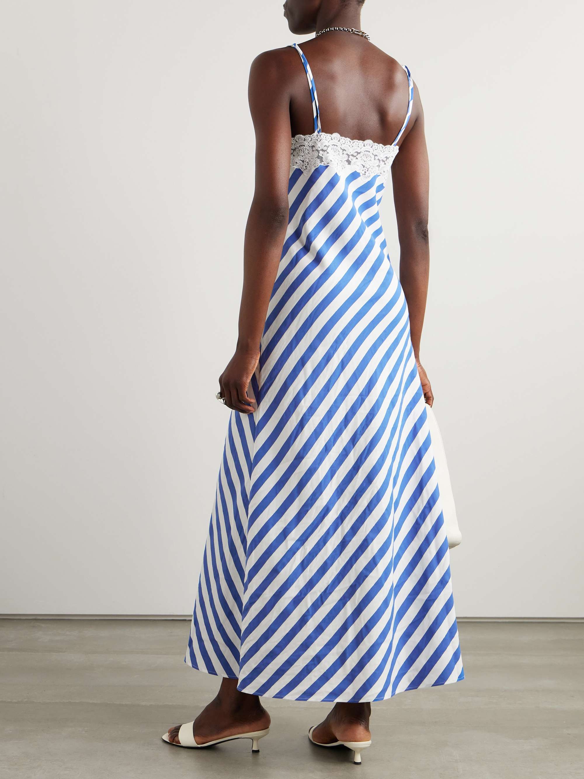 LORETTA CAPONI Esmeralda lace-trimmed striped metallic twill midi dress ...
