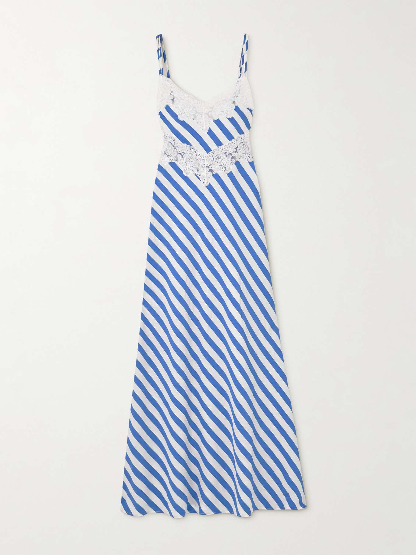 LORETTA CAPONI Esmeralda lace-trimmed striped metallic twill midi dress ...