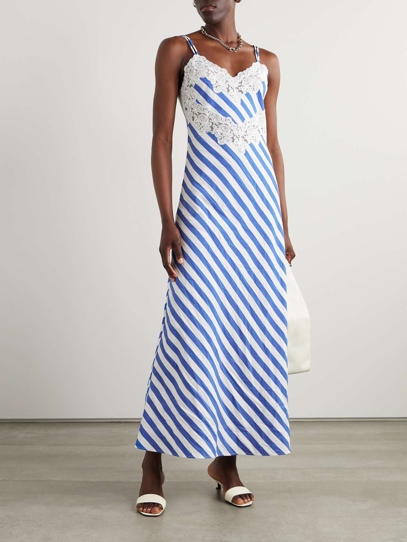 LORETTA CAPONI Esmeralda lace-trimmed striped metallic twill midi dress ...