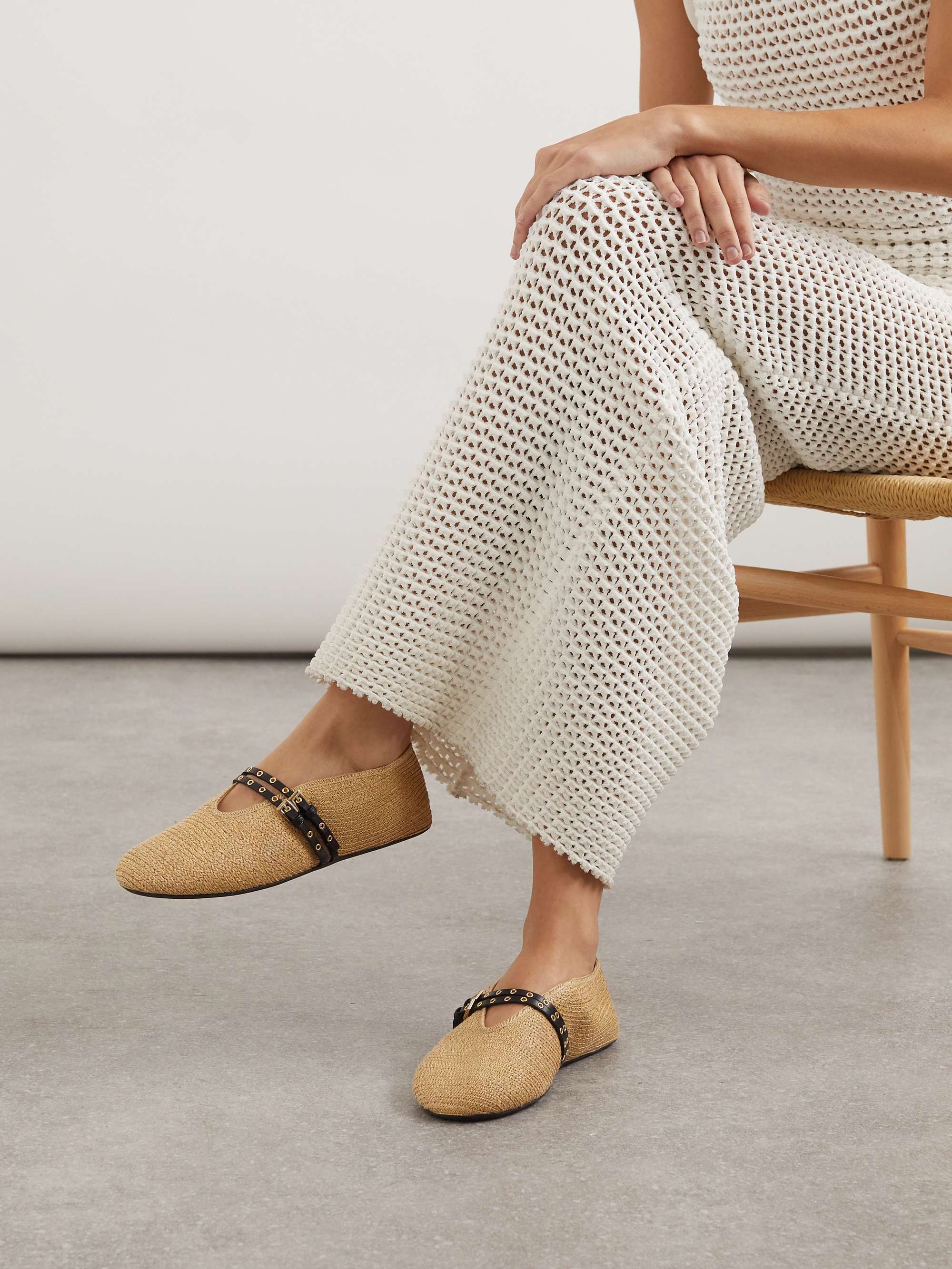 ALAÏA Leather-trimmed raffia ballet flats | NET-A-PORTER