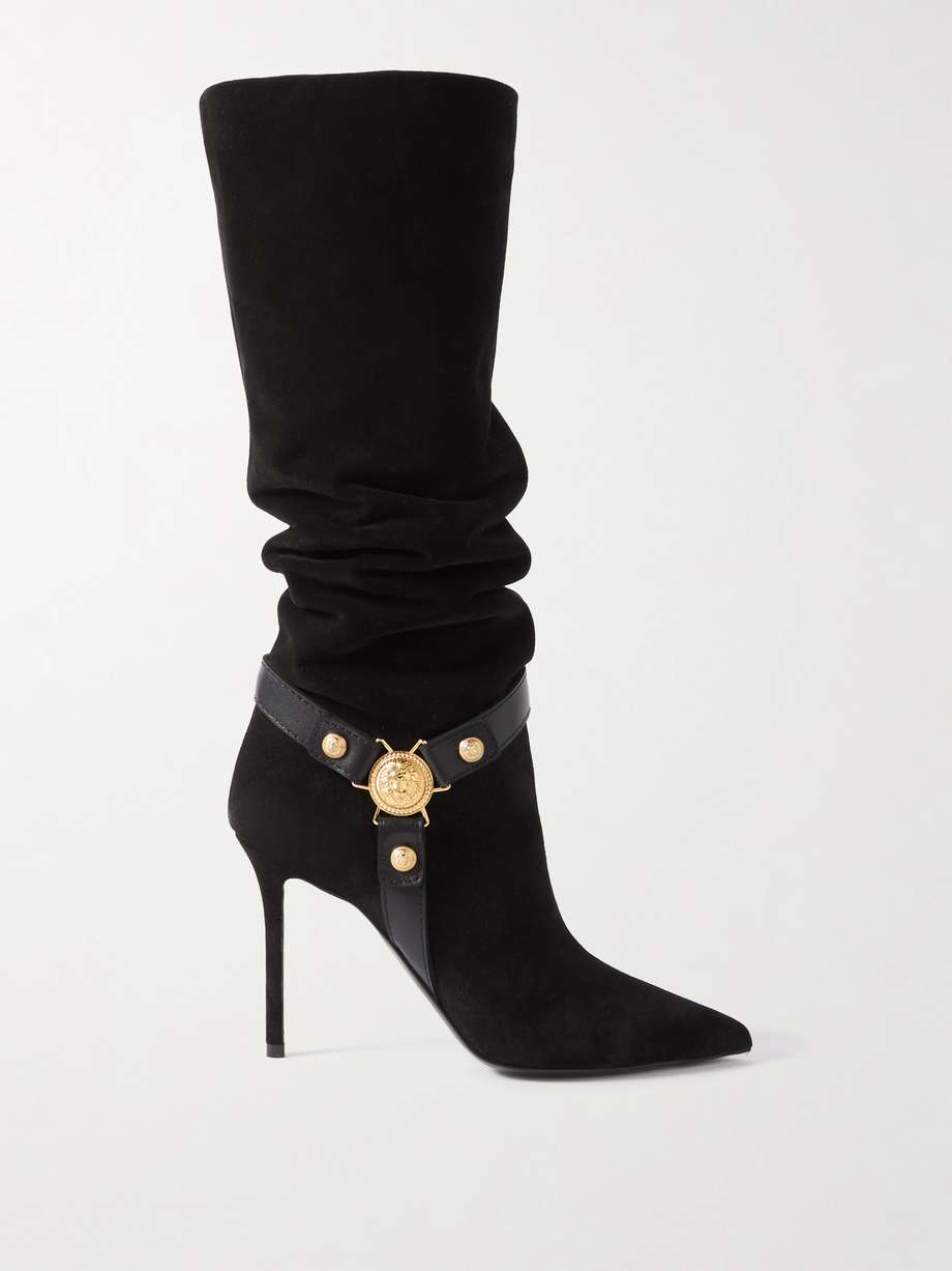 BALMAIN Eva embellished leather-trimmed suede knee boots | NET-A-PORTER