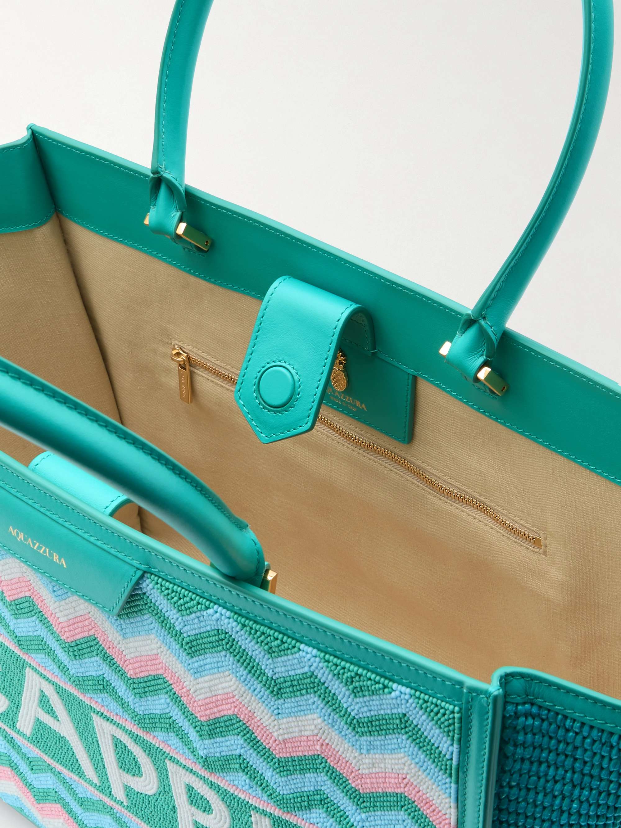 AQUAZZURA Capri leather-trimmed beaded raffia tote | NET-A-PORTER