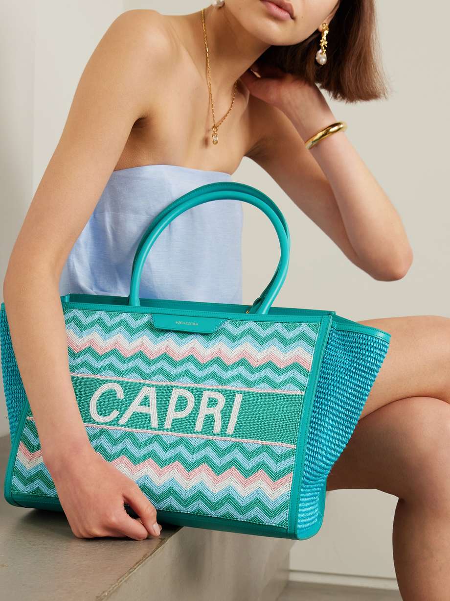 AQUAZZURA Capri leather-trimmed beaded raffia tote | NET-A-PORTER
