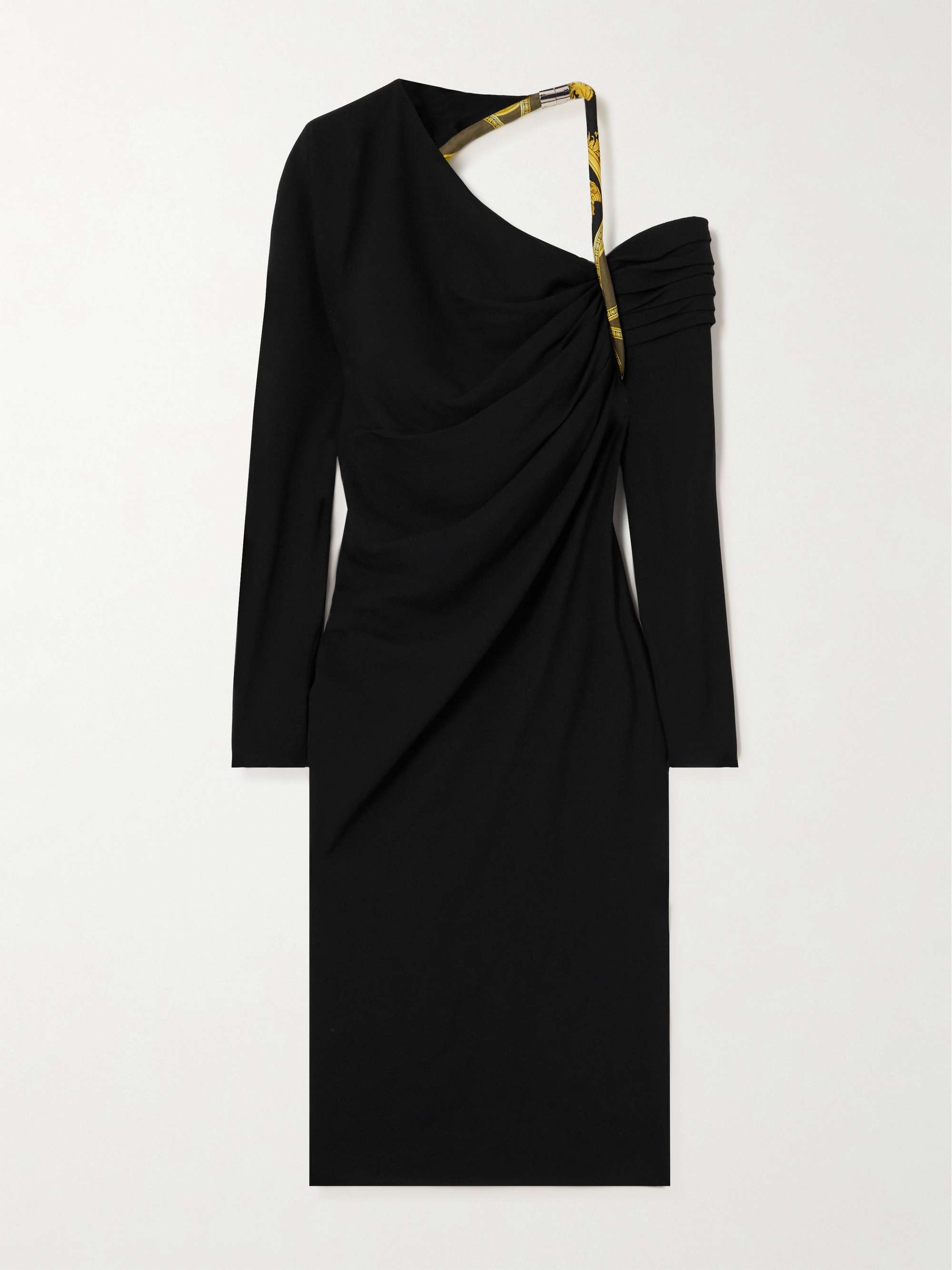 VERSACE Asymmetric open-back draped printed silk twill-trimmed cady ...