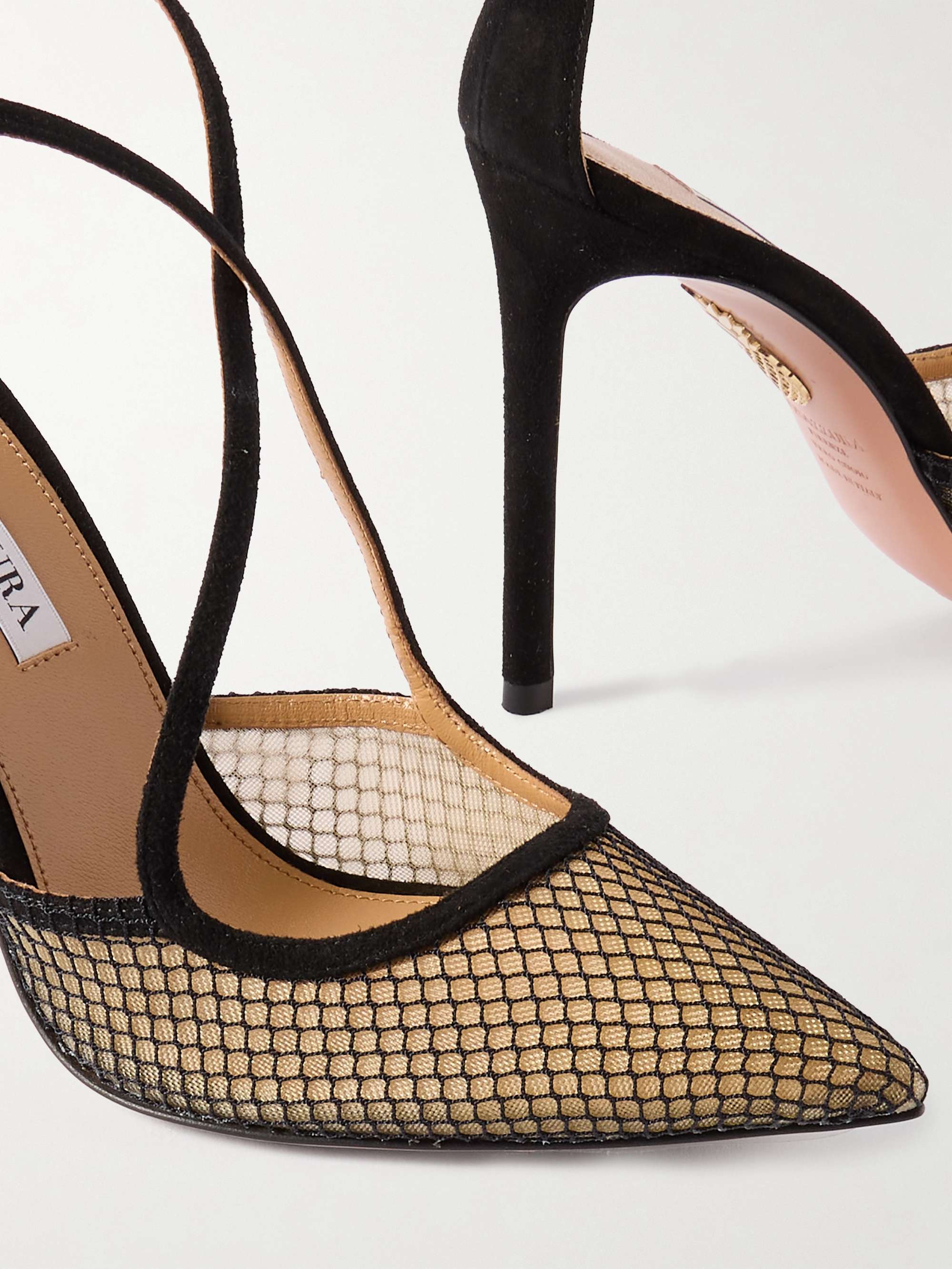 AQUAZZURA Wicked 105 grosgrain-trimmed suede and mesh pumps | NET-A-PORTER