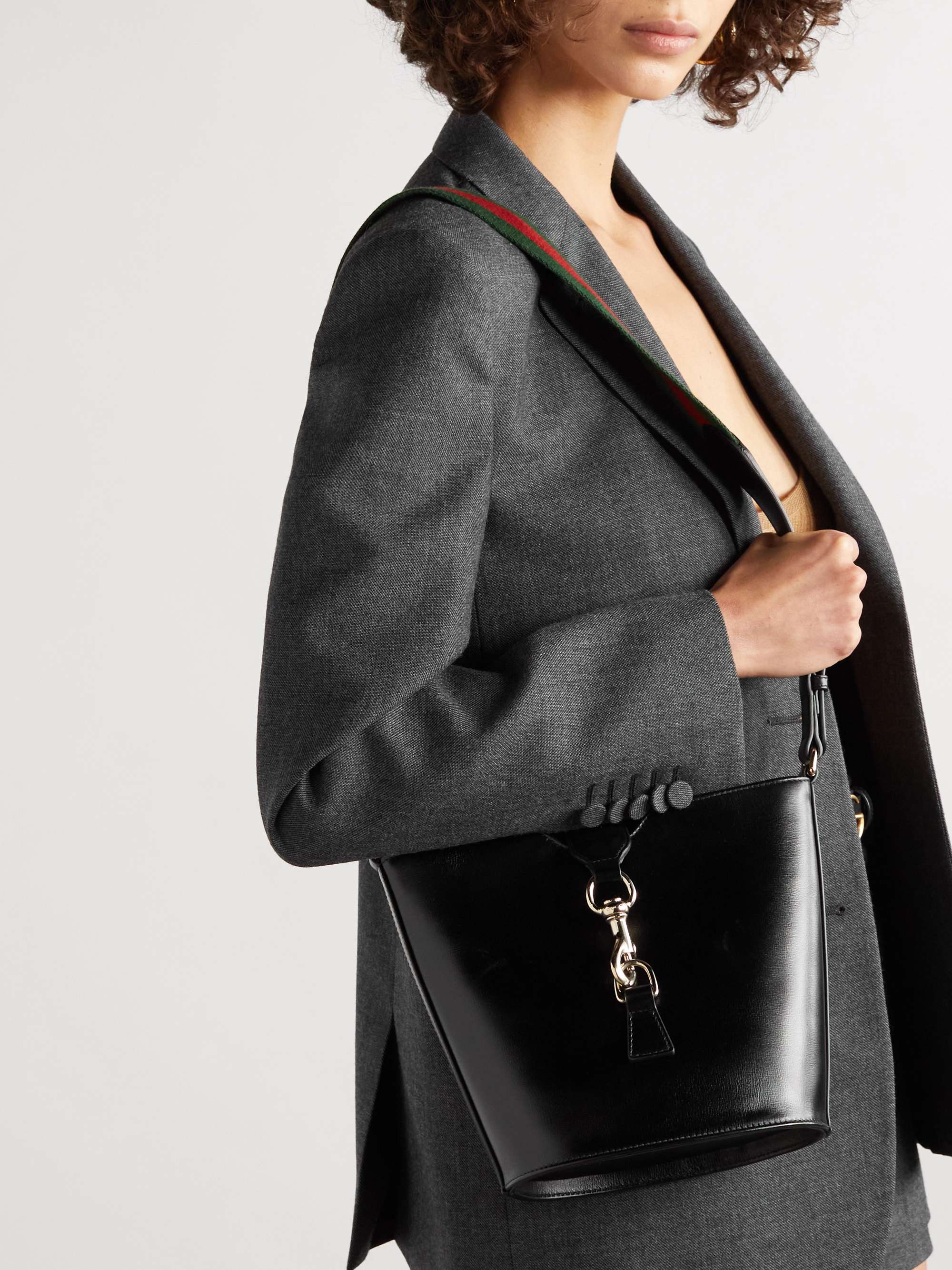 GUCCI Webbing-trimmed textured-leather shoulder bag | NET-A-PORTER